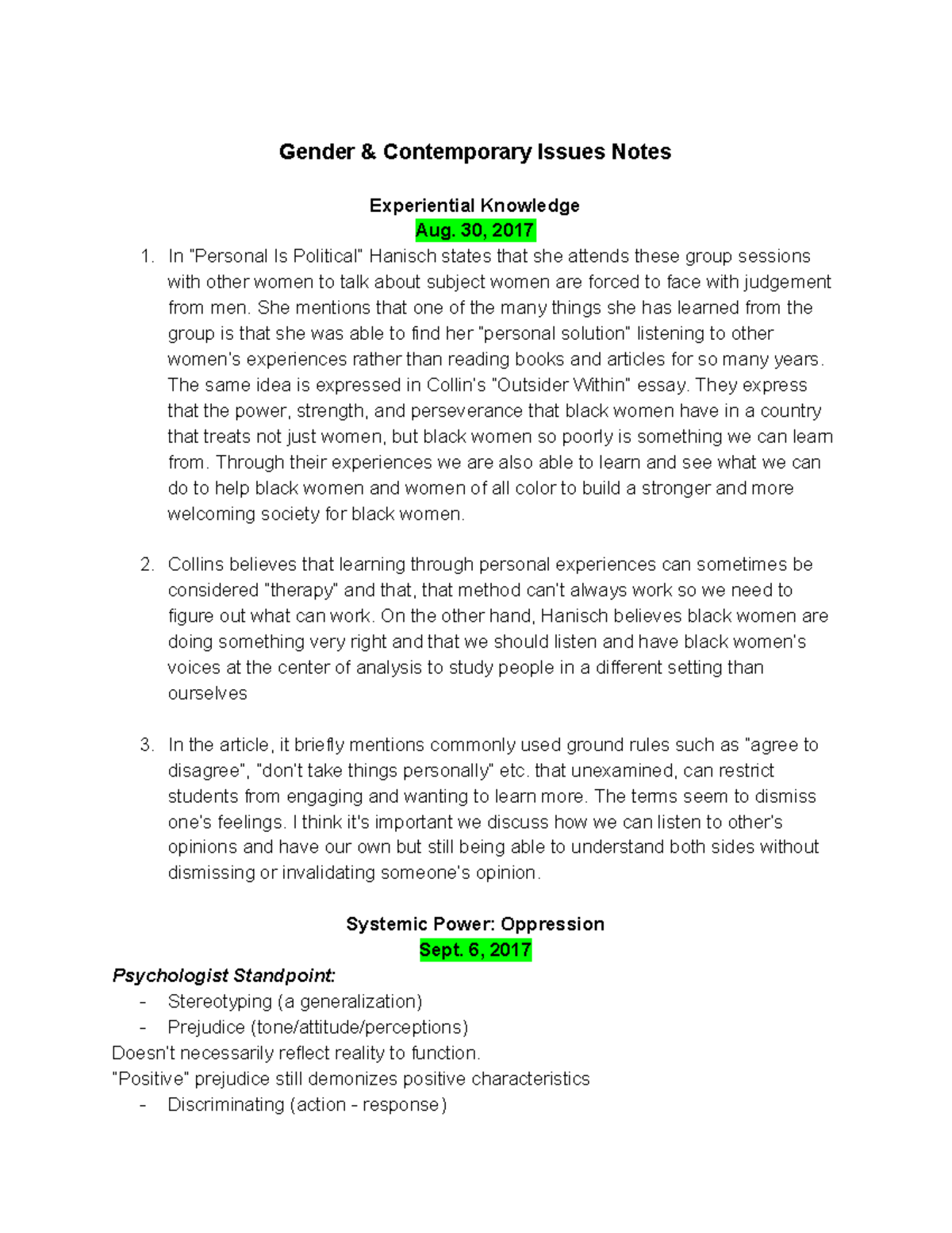 Gender Issue Notes - Gender & Contemporary Issues Notes Experiential ...