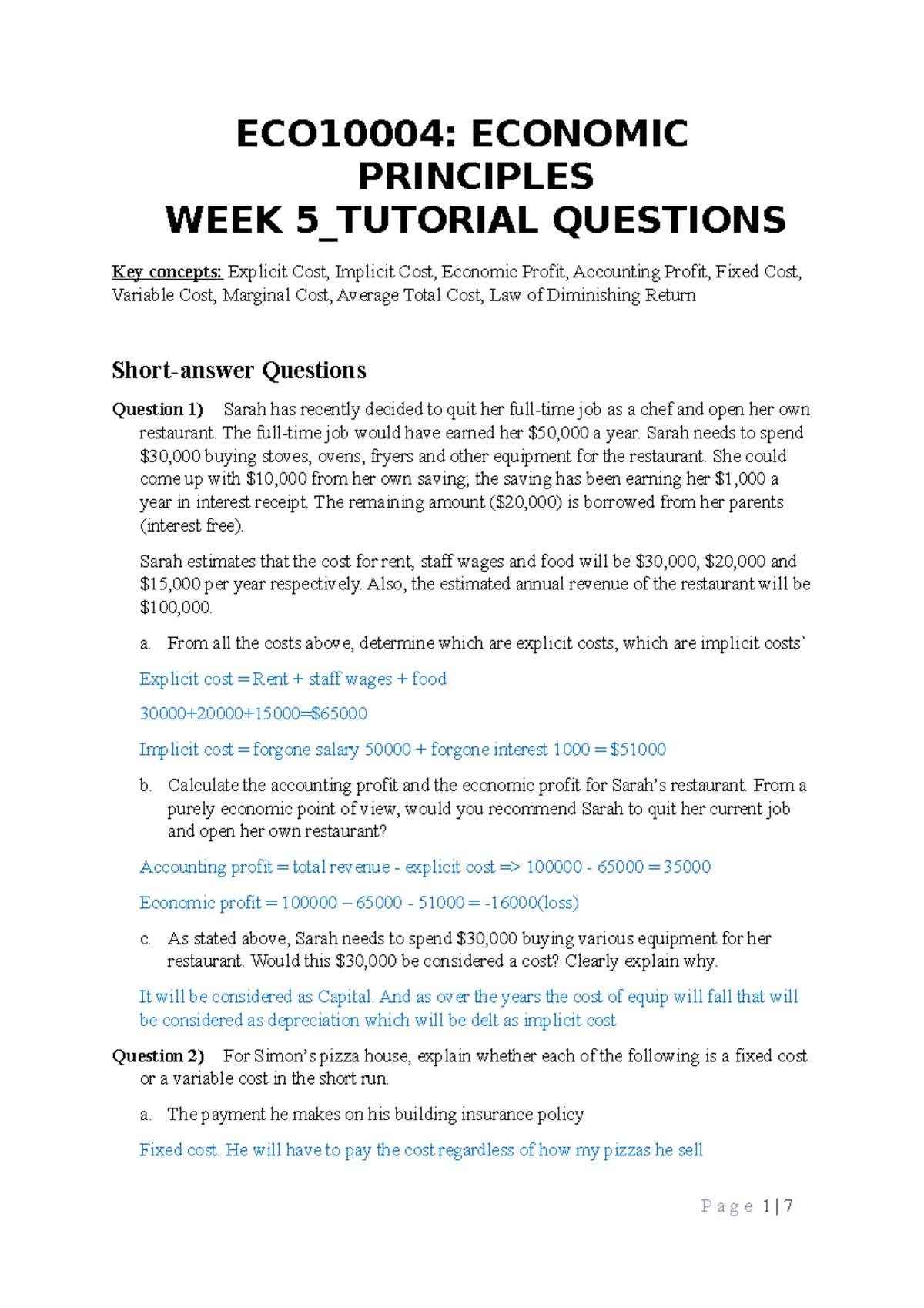 Week 5 Tutorial Questions solved - ECO10004: ECONOMIC PRINCIPLES WEEK 5 ...