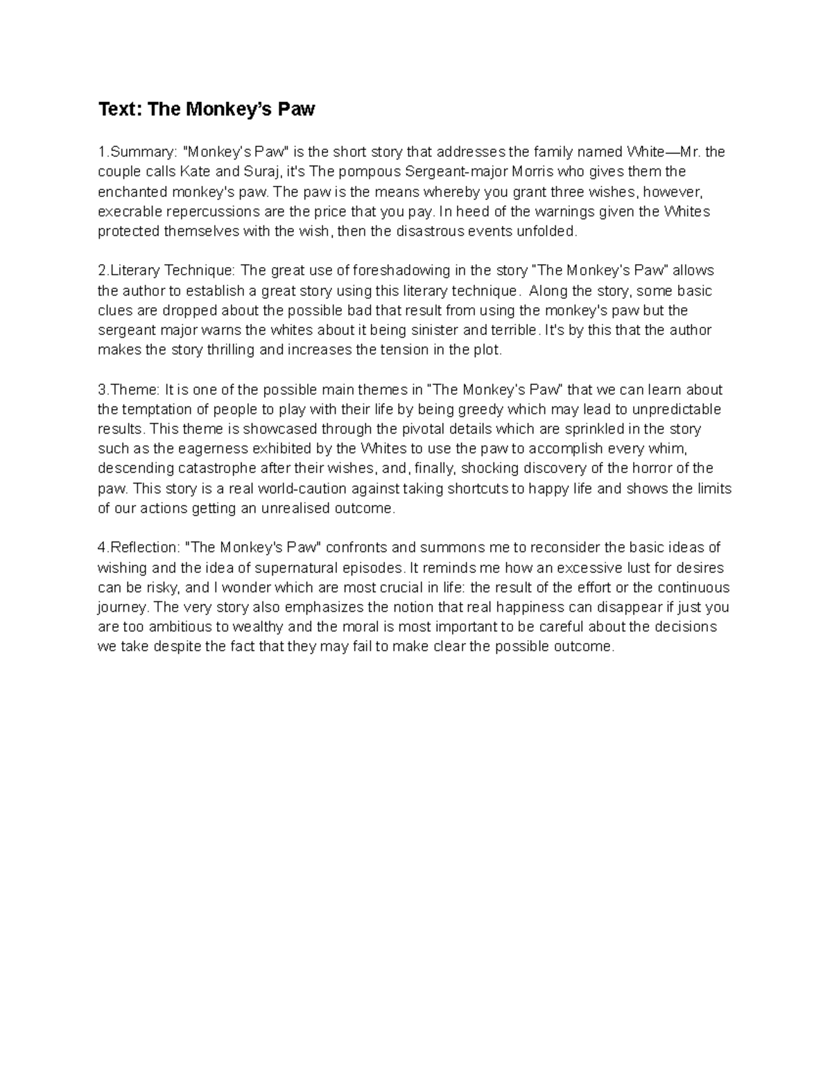 Summary of The Monkey's Paw - Text: The Monkey’s Paw 1: "Monkey’s Paw ...
