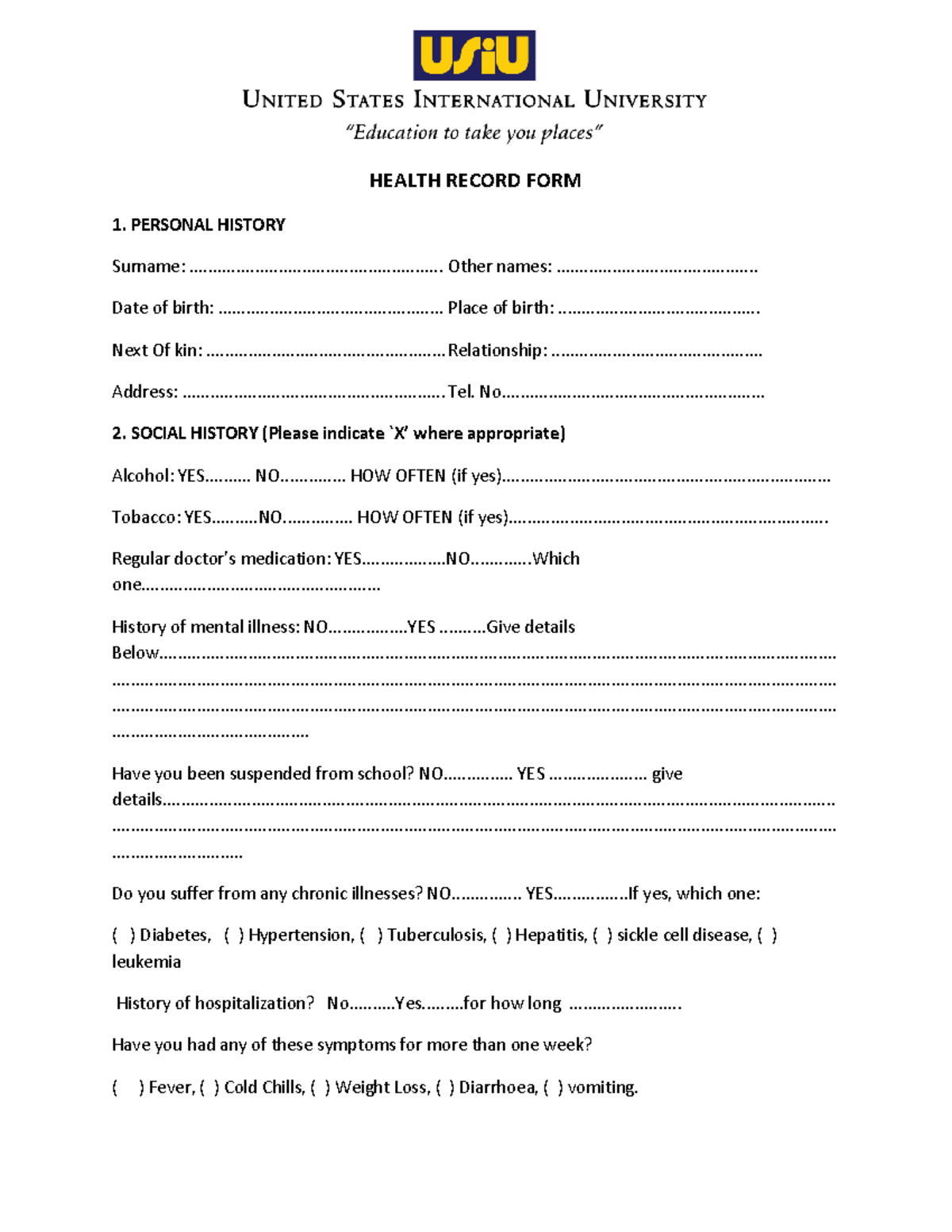 Health Record Form - HEALTH RECORD FORM 1. PERSONAL HISTORY Surname ...