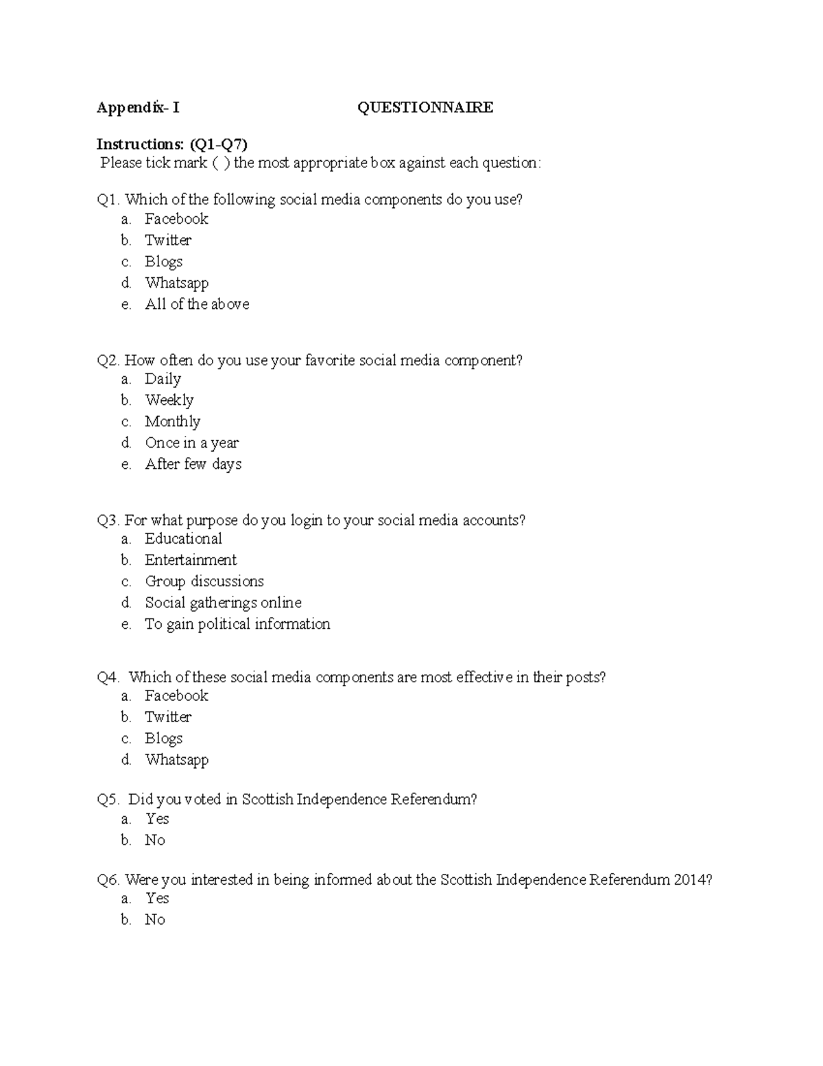 Questionnaire - research - Appendix- I QUESTIONNAIRE Instructions: (Q1 ...