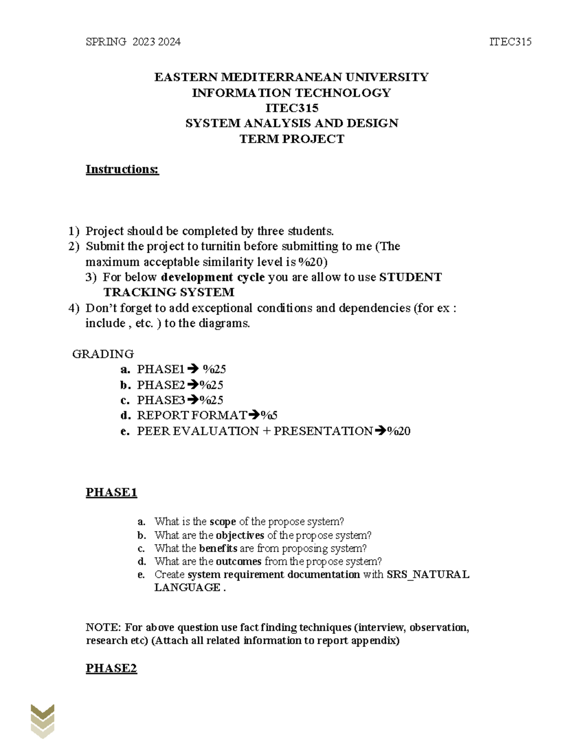 ITEC315 2023 2024sprıng project description DL - SPRING 2023 2024 ITEC EASTERN MEDITERRANEAN ...