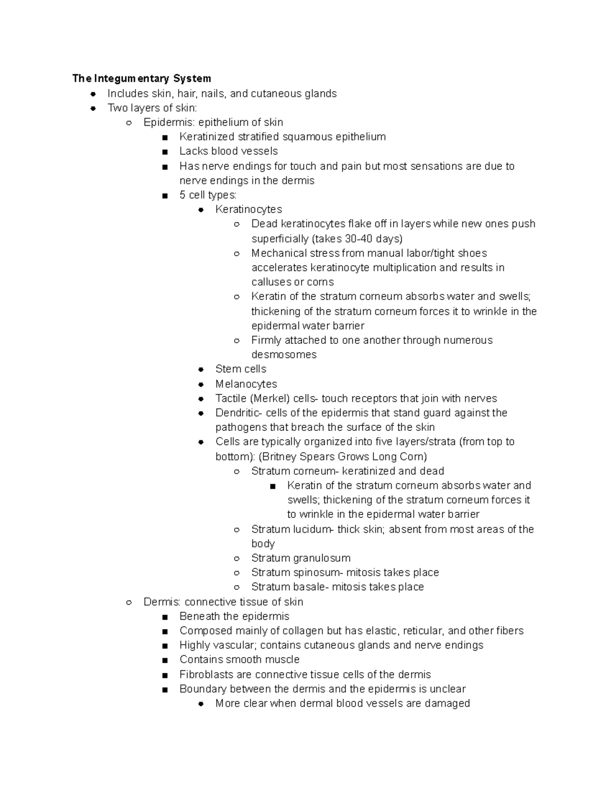 In Class Lecture Notes For The Integumentary System The Integumentary