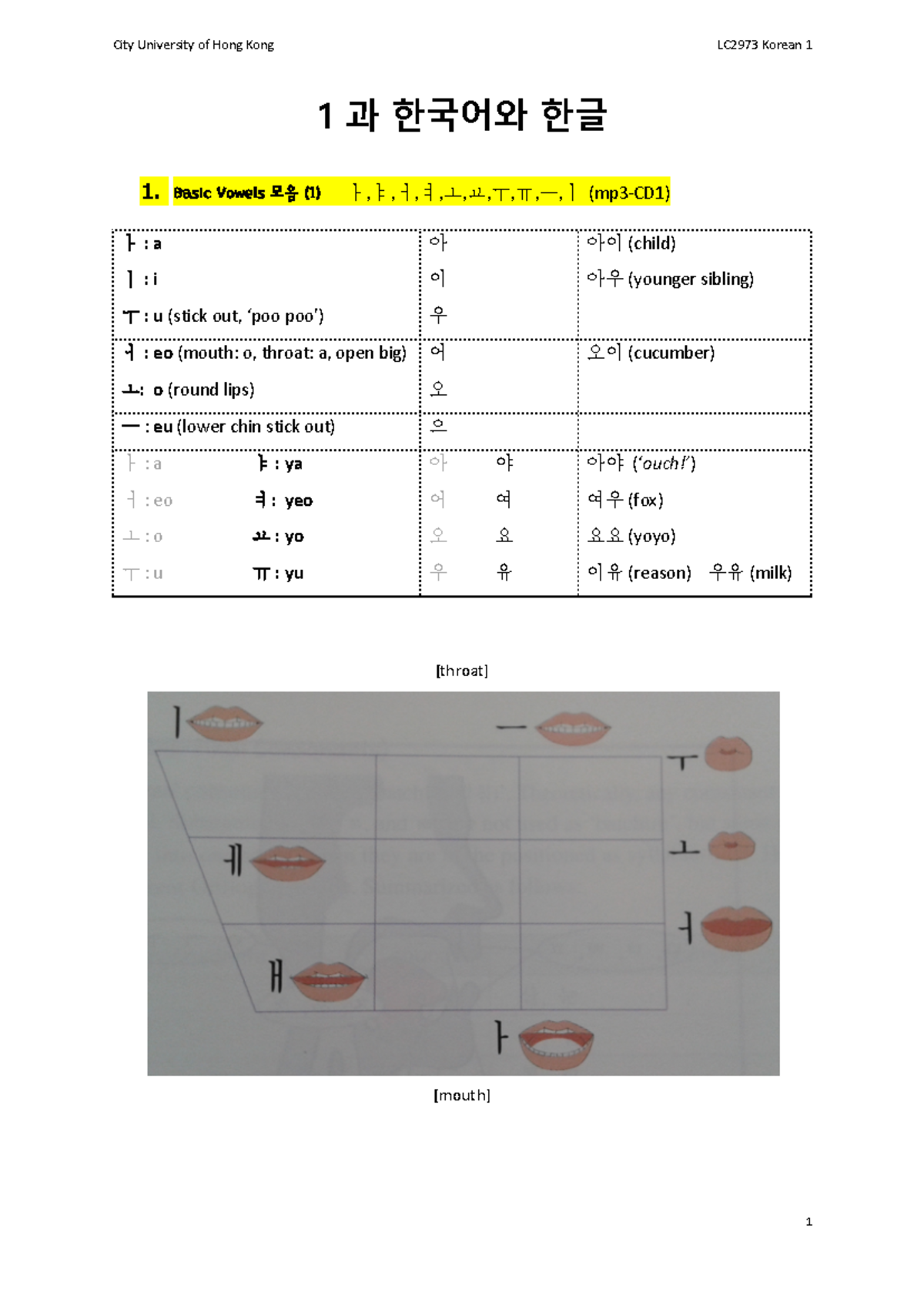 Unit 1 Hangeul handout full - 1 과 한국어와 한글 1. Basic Vowels 모음 (1) ᅡ,ᅣ,ᅥ ...