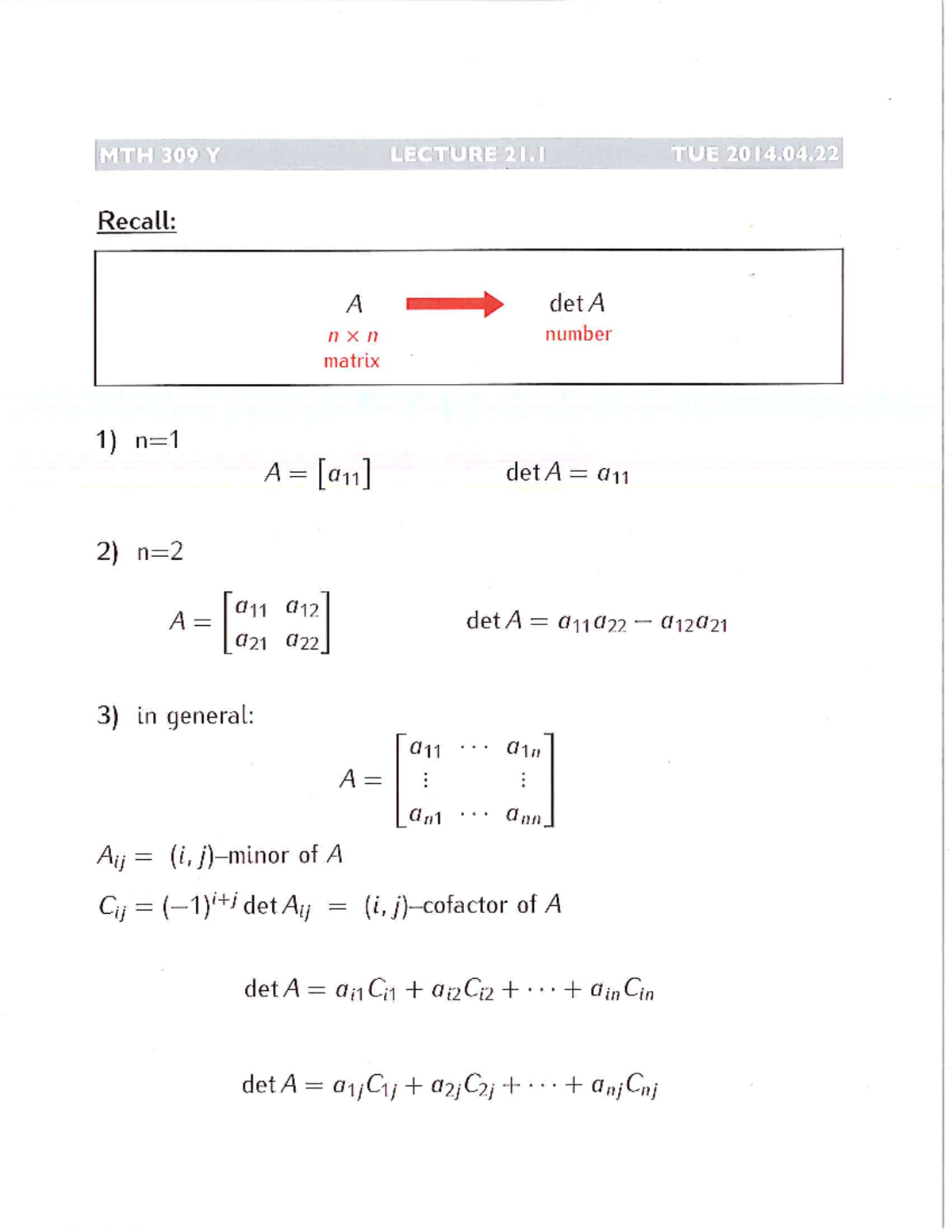 Lecture notes, lecture 21 - Annotated - Recall: A detA number A: detAz ...
