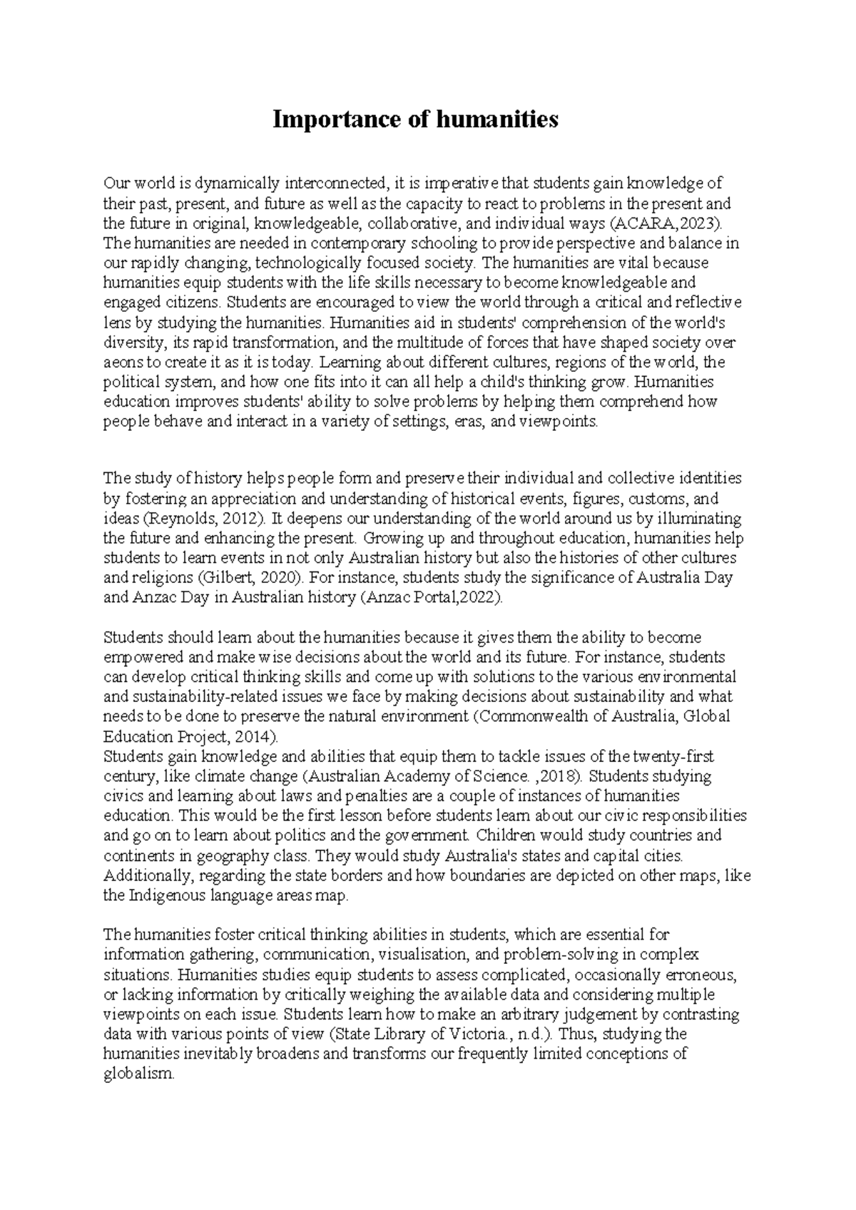 A2 - Teaching humanities - Importance of humanities Our world is ...