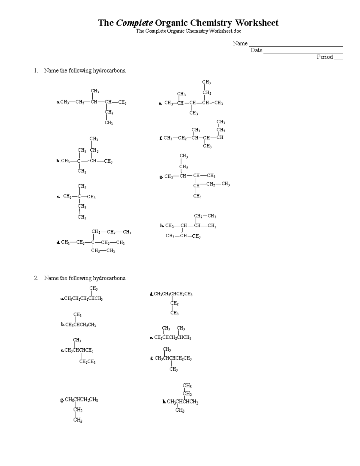 Organic chemistry review - The Complete Organic Chemistry Worksheet The ...