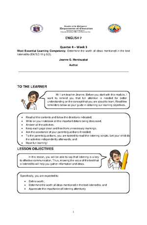 Grade 7 English Lesson Plan on MELC 14 T - Republic of the Philippines Department of Education ...