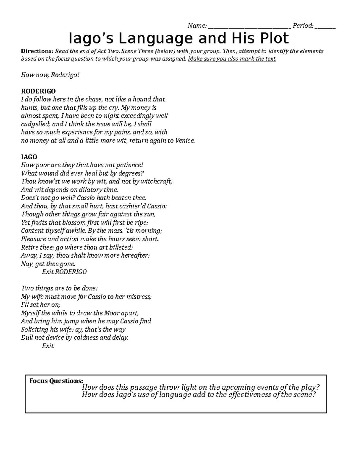 Madison Faught 2.3 Iago Roderigo activity - Iago’s Language and His ...