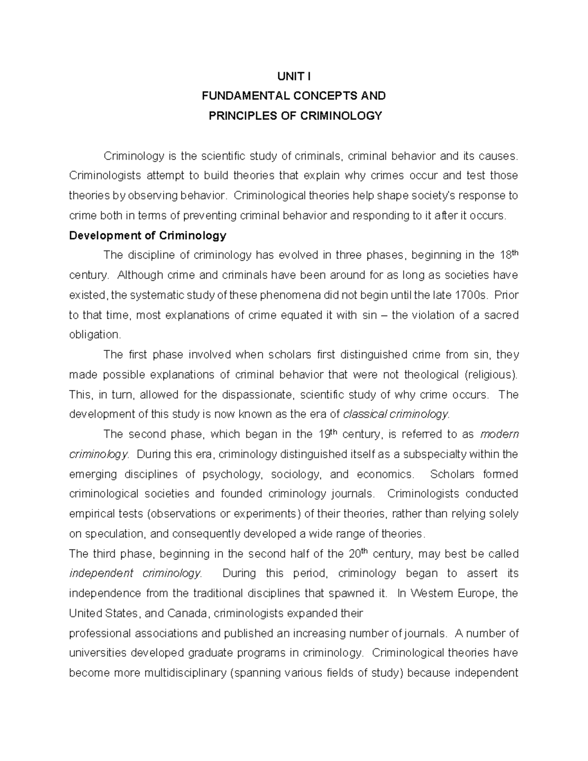 Unit 1 intro to crim - ... - UNIT I FUNDAMENTAL CONCEPTS AND PRINCIPLES ...