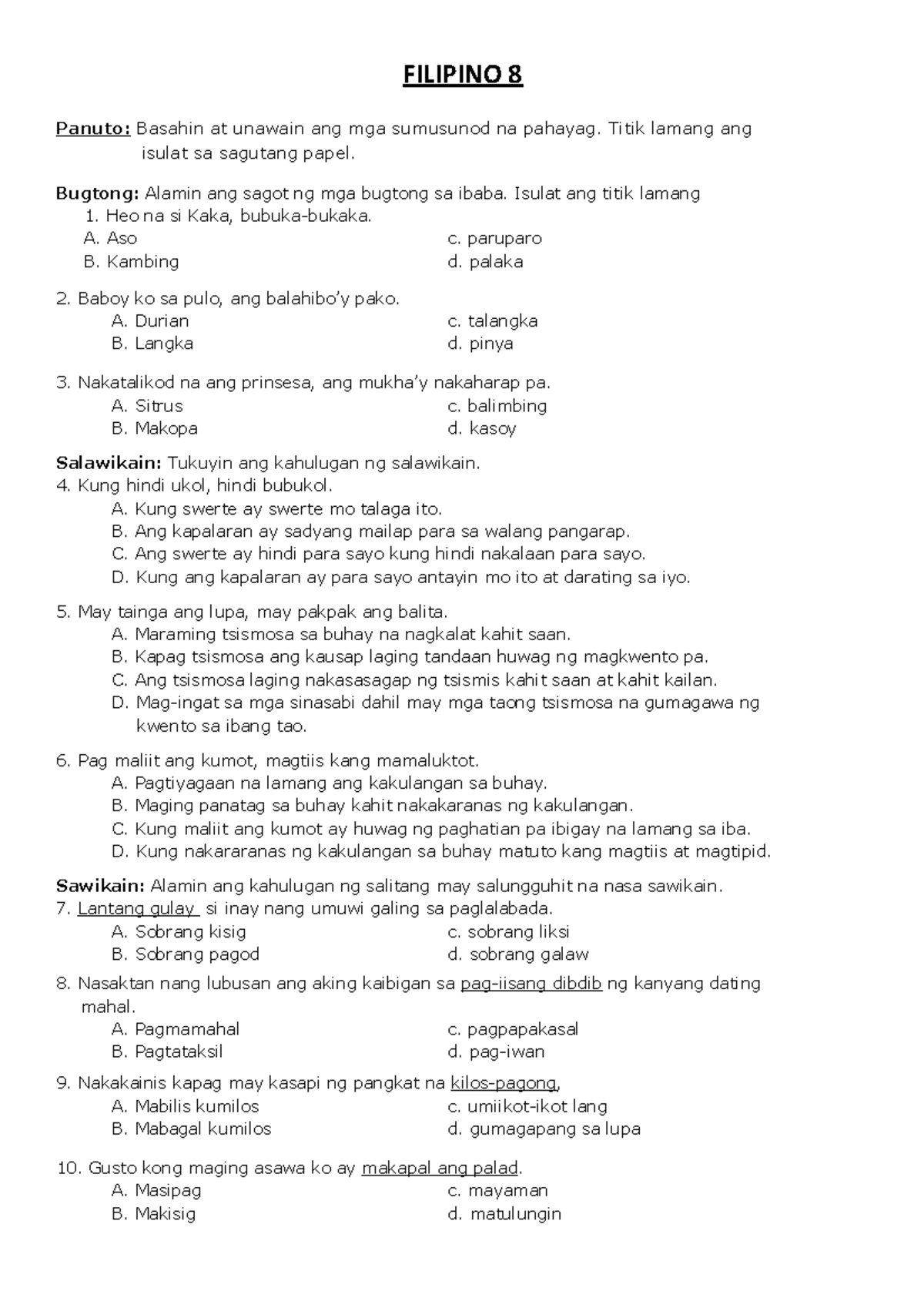 Filipino 8 Reviewer Parallel Exam - FILIPINO 8 Panuto: Basahin at ...