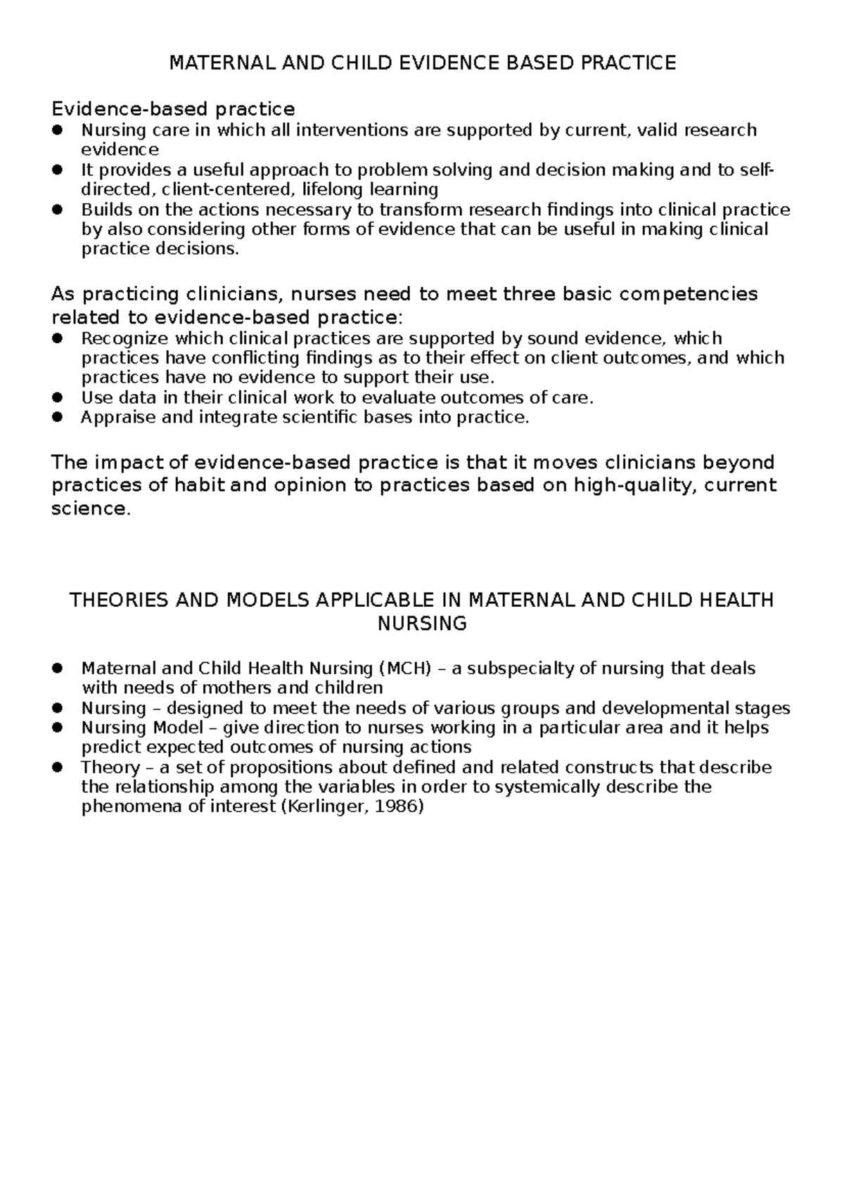 Maternal AND Child Evidence Based Practice - MATERNAL AND CHILD EVIDENCE BASED PRACTICE - Studocu