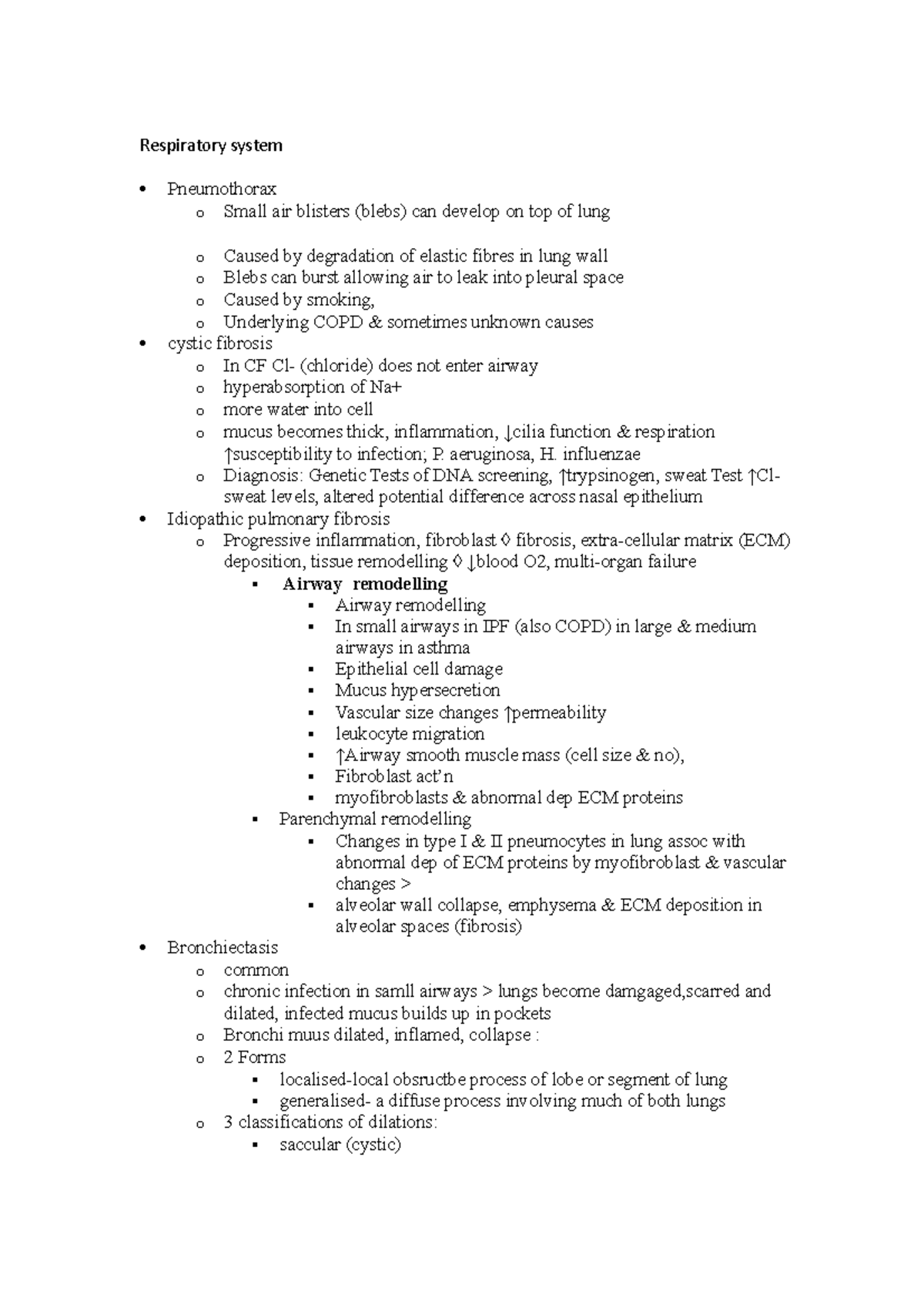 Respiratory system - Respiratory system Pneumothorax o Small air ...