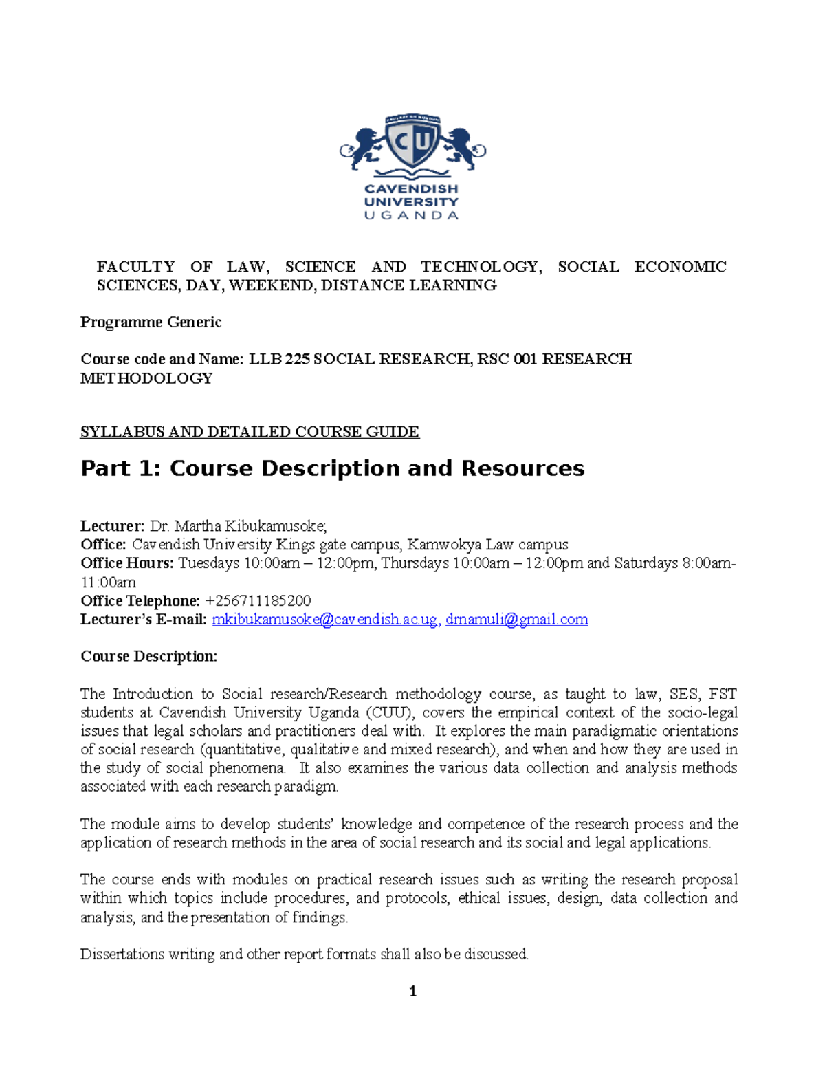 LLB 225 Social research course outline - FACULTY OF LAW, SCIENCE AND ...