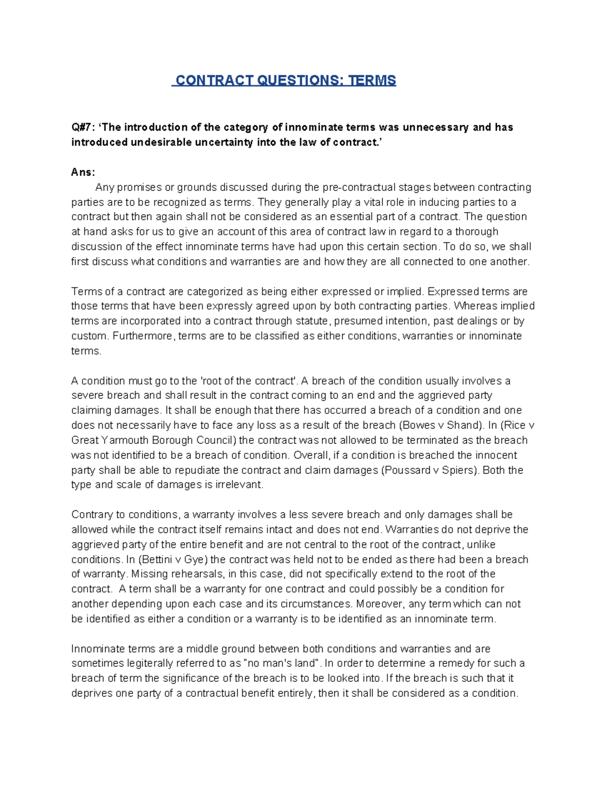 Past Paper answer: Terms - CONTRACT QUESTIONS: TERMS Q#7: ‘The ...