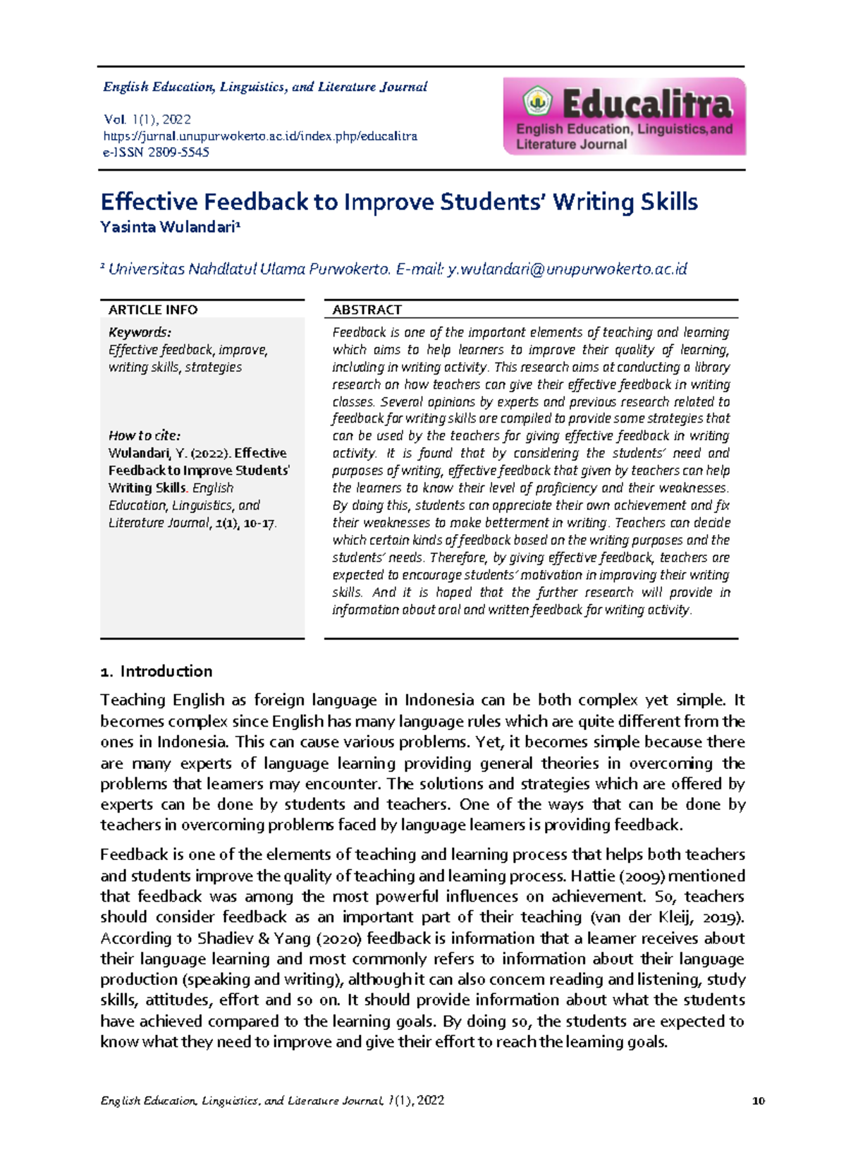 Effective Feedback to Improve Students’ Writing Skills - E-mail: y ...