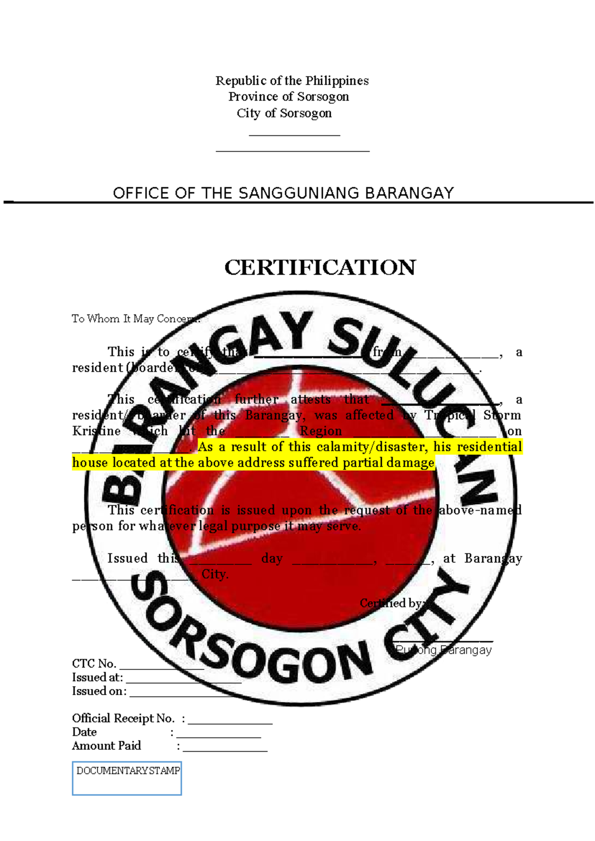 Barangay Certification for Security Calamity fund - Republic of the ...