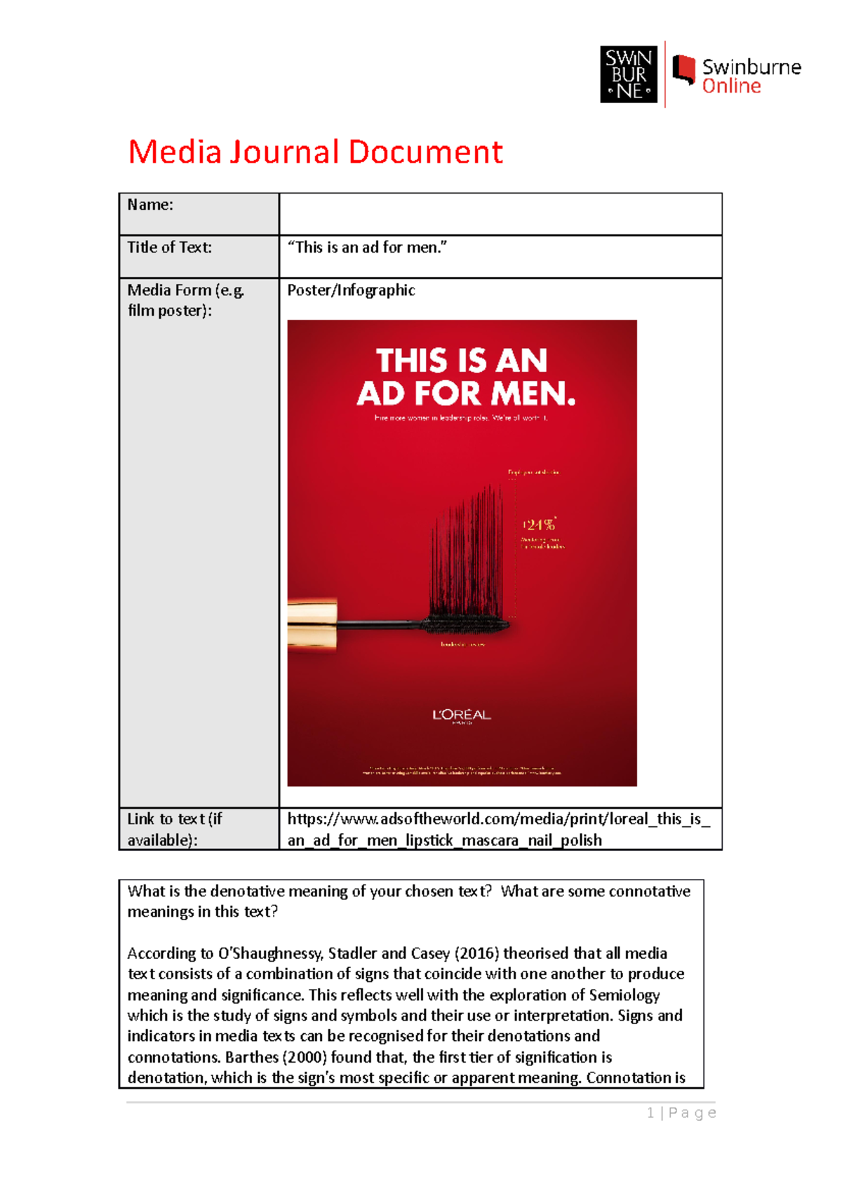 MDA10001 Assignment 2 Media journal - Media Journal Document Name ...