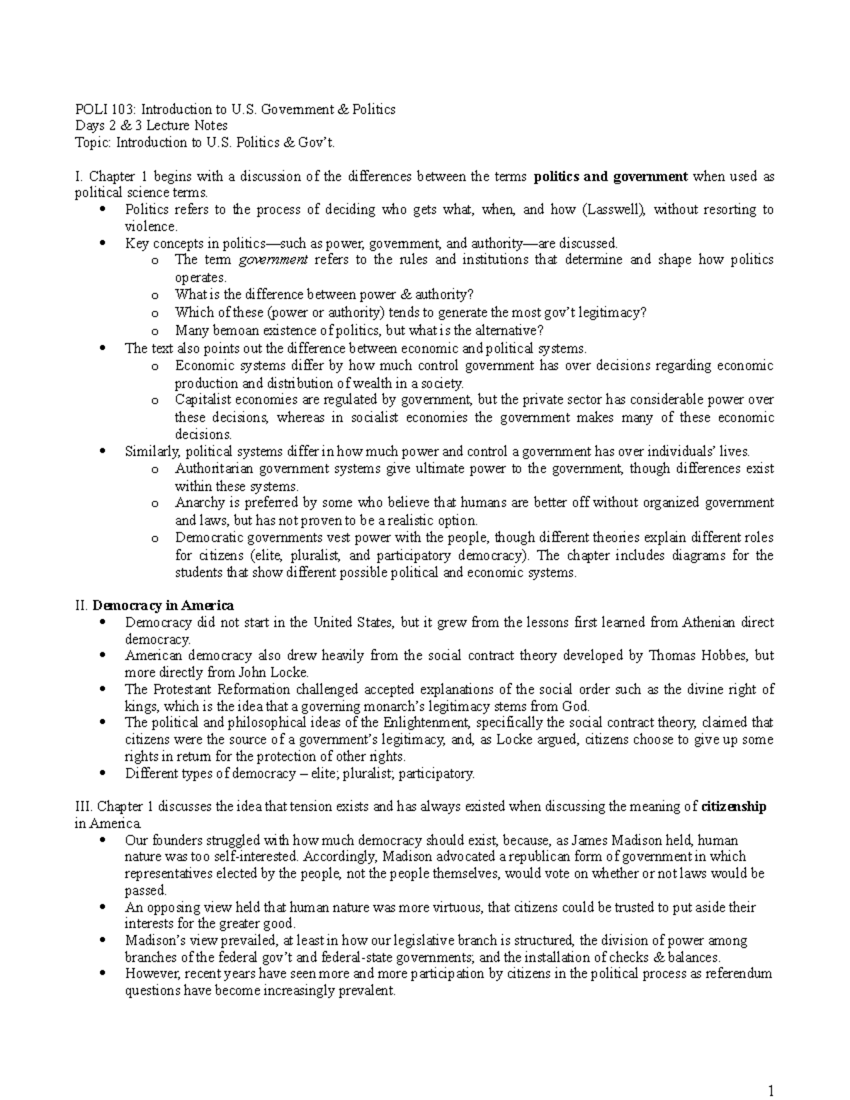 POLI 103 Days 2 & 3 Power & Citizenship - POLI 103: Introduction to U ...