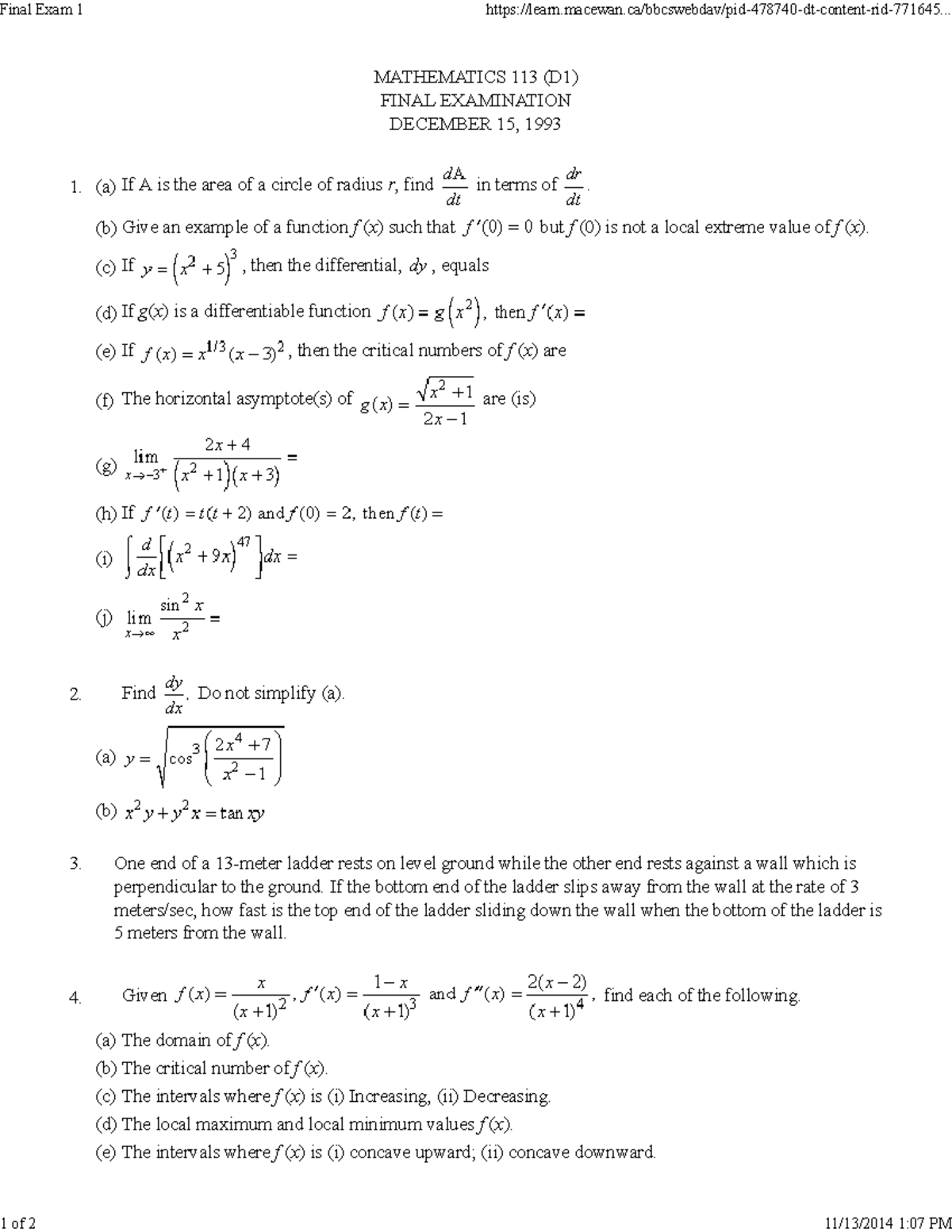 Final Exam math 114 - quiz math 215 - MATHEMATICS 113 (D1) FINAL ...
