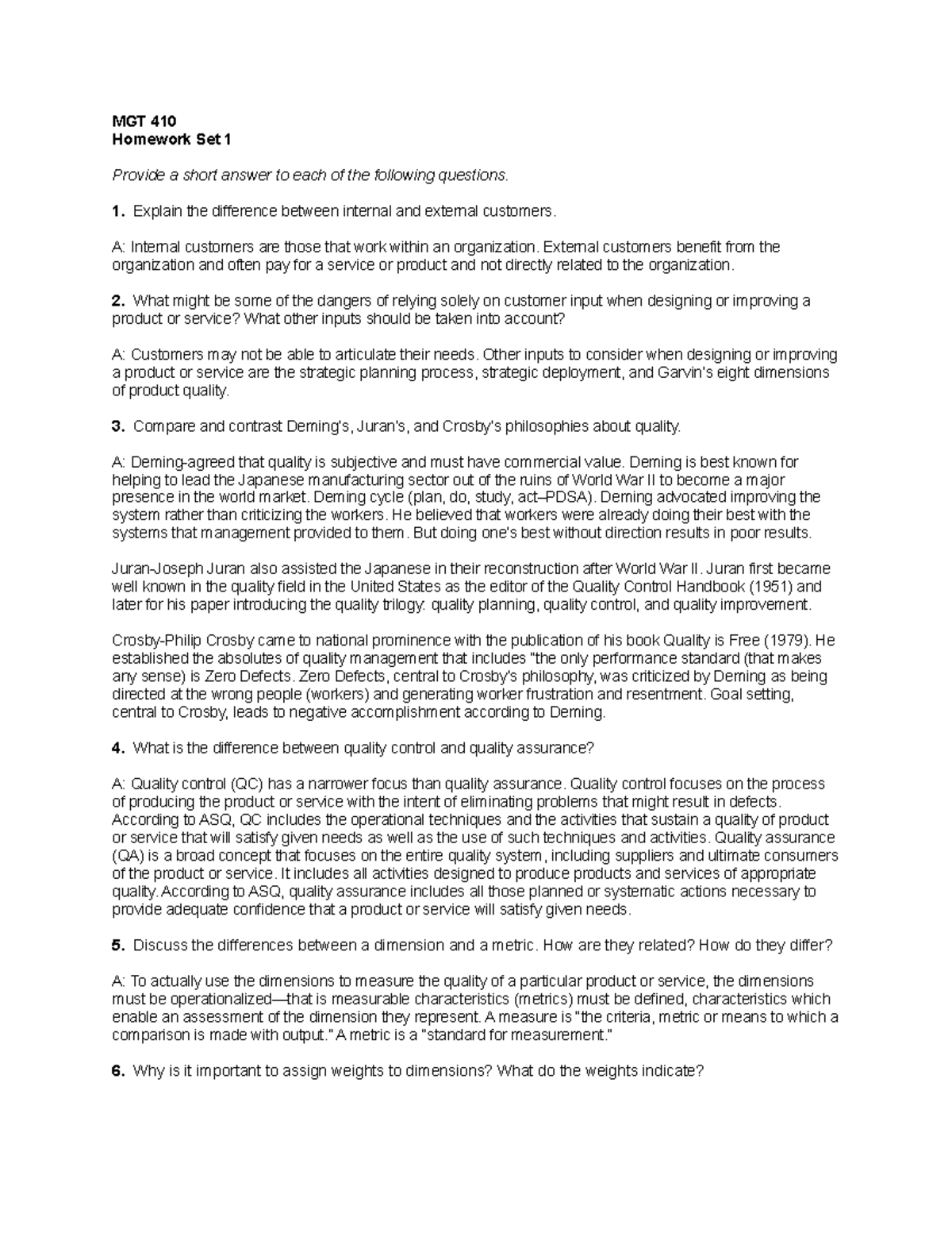 MGT410 Homework Set 1 - Notes - MGT 410 Homework Set 1 Provide a short ...