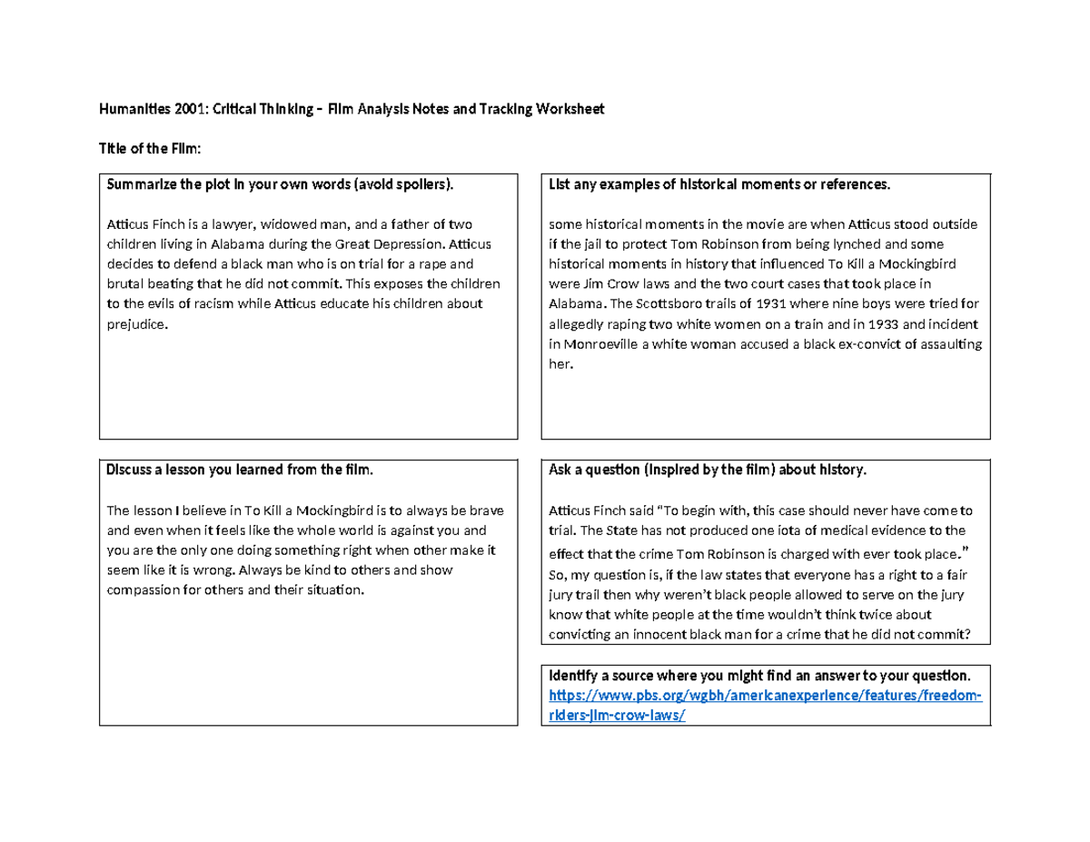 Film Analysis Pre Writing To Kill a Mckng Brd - Humanities 2001 ...