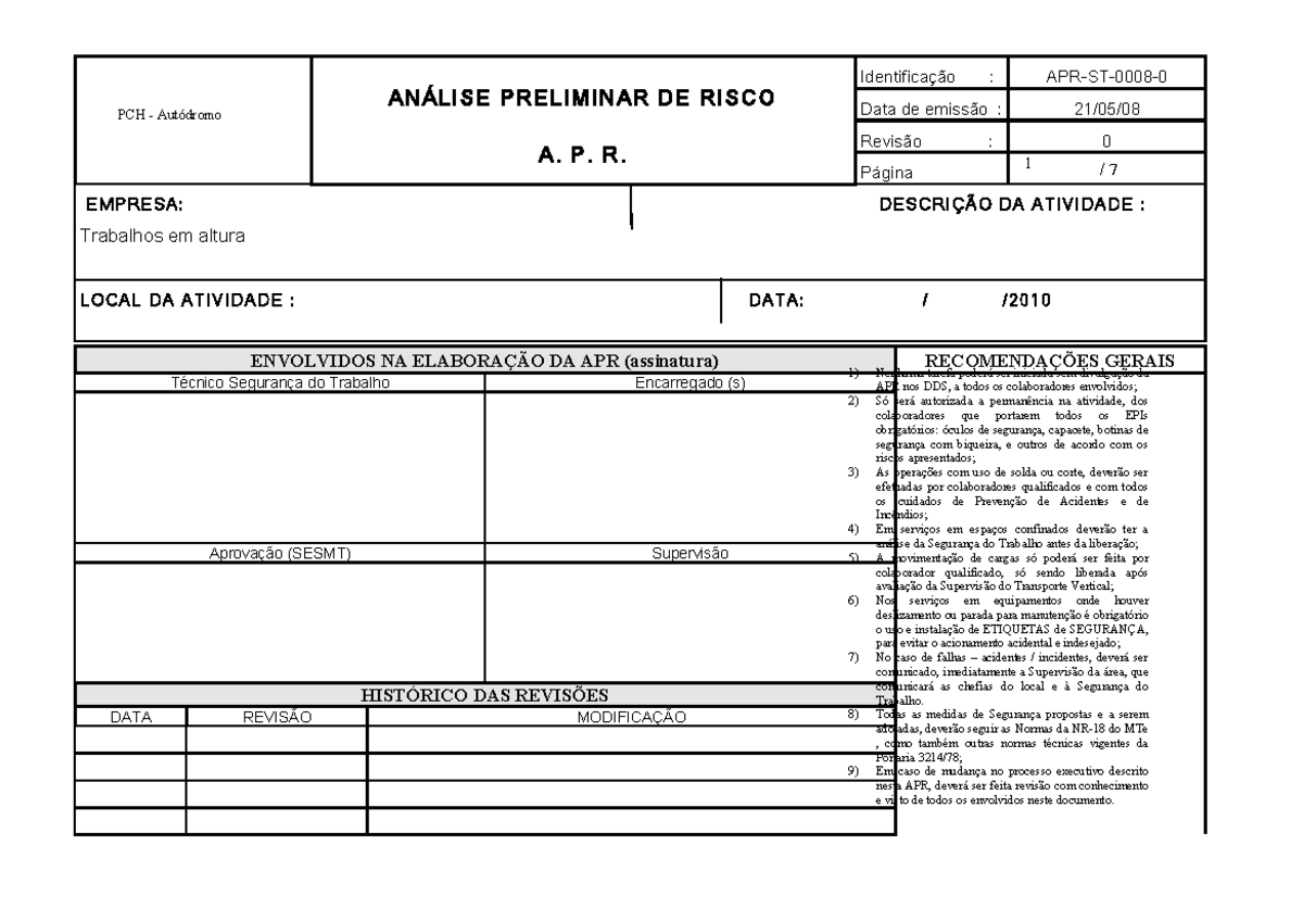 APR Trabalho EM Altura PDF - 1 PCH - Autódromo ANÁLISE PRELIMINAR DE ...
