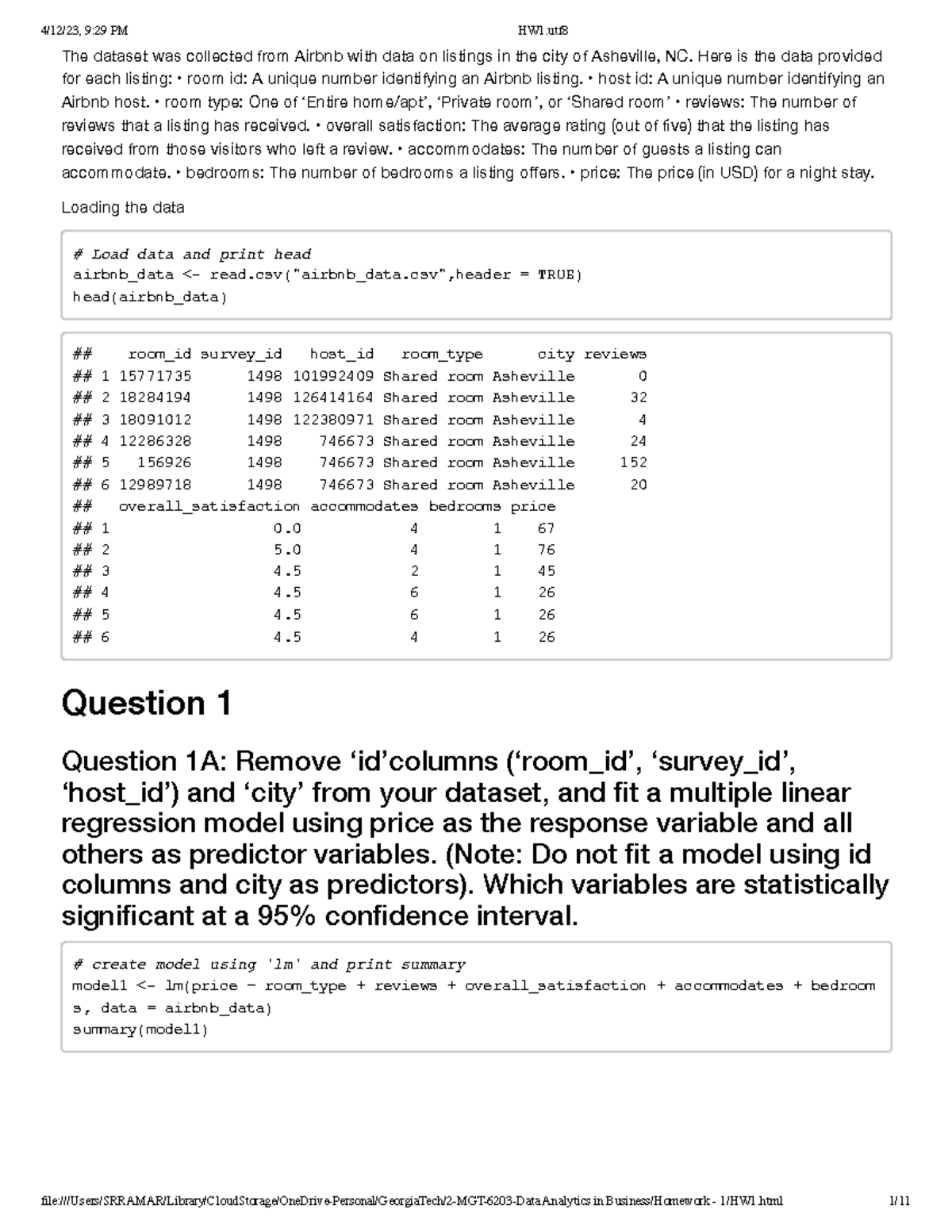 HW1 - Homework 1 - The dataset was collected from Airbnb with data on ...