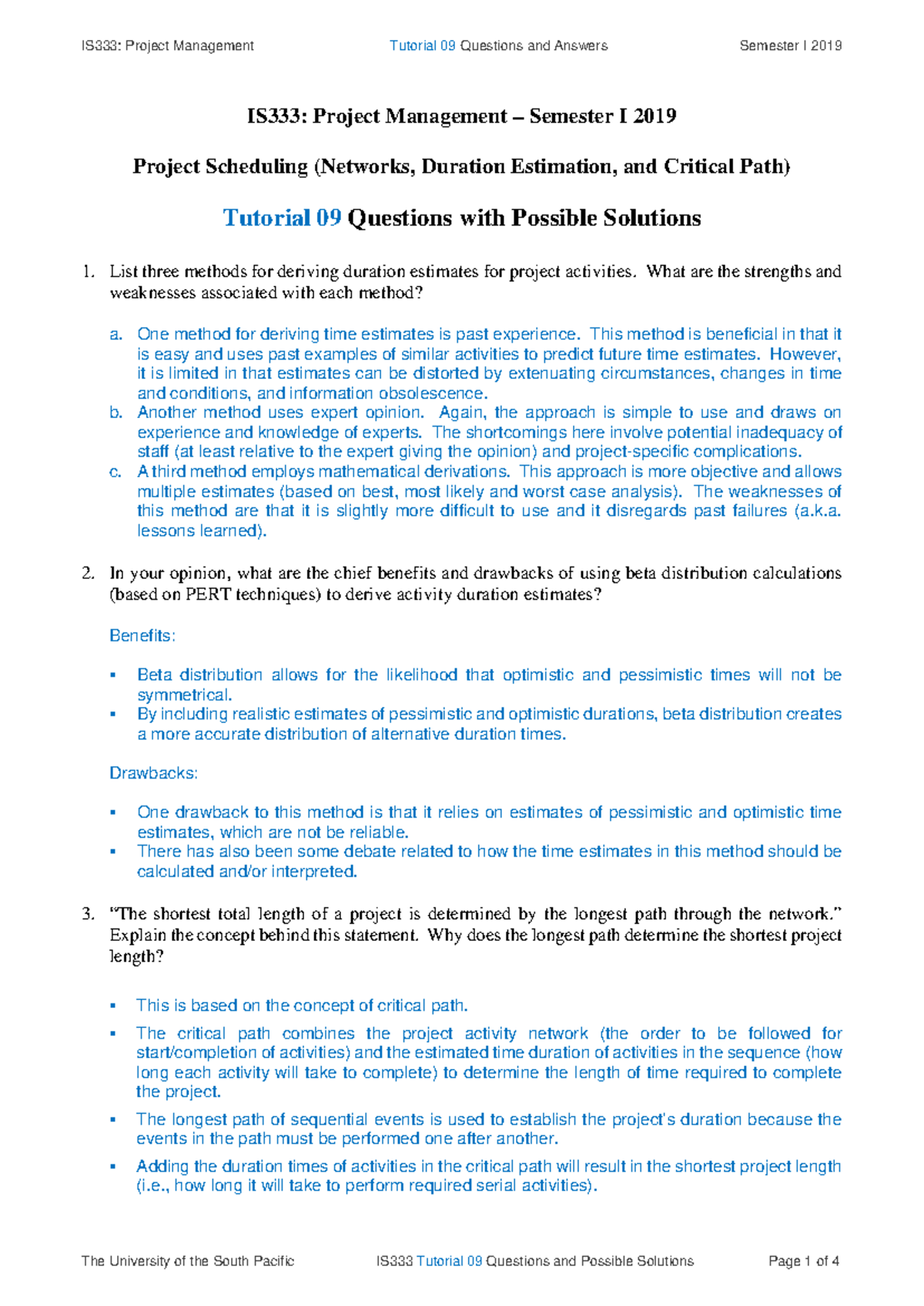 Tutorial 09 with Questions and Possible Solutions - IS333: Project Management – Semester I 2019 ...