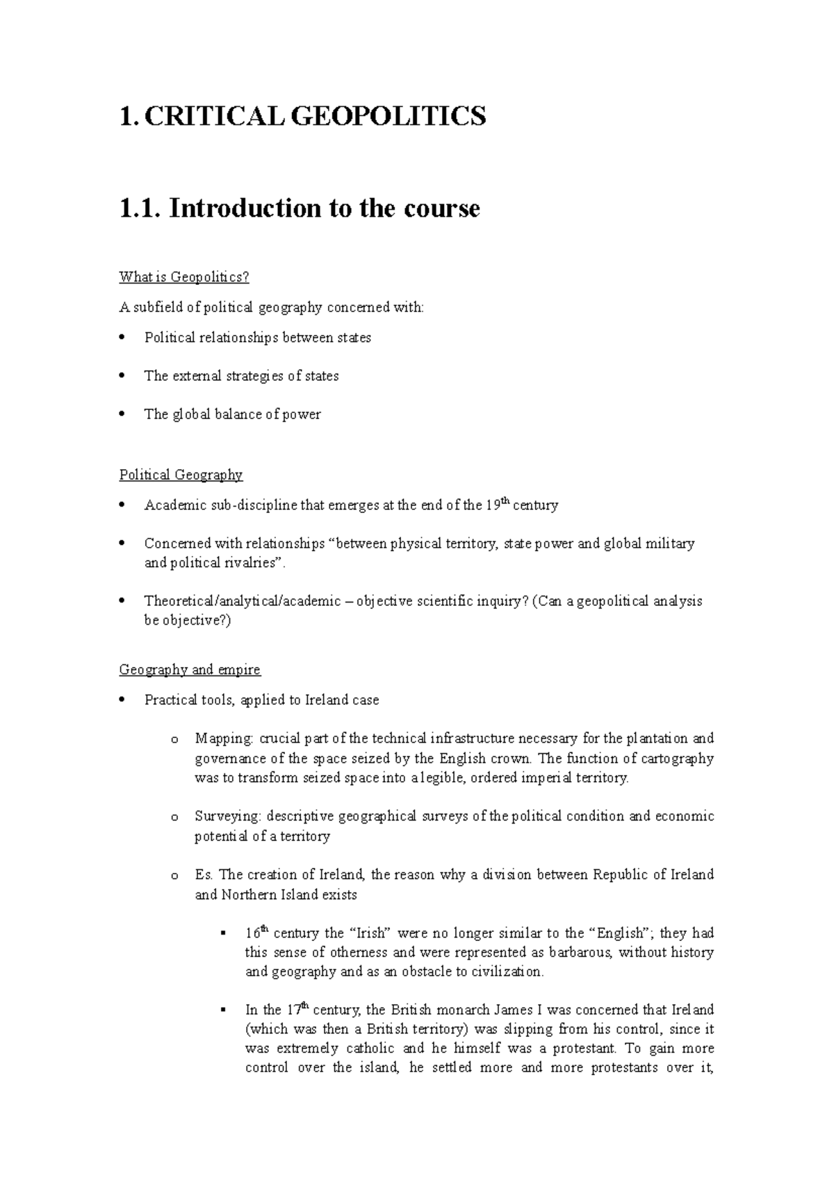 Critical Geopolitics - Riassunto delle lezioni - 1. CRITICAL ...