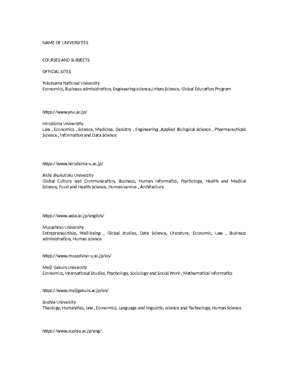 Universities Under Mext ( English and Japanese) - NAME OF UNIVERSITIES ...