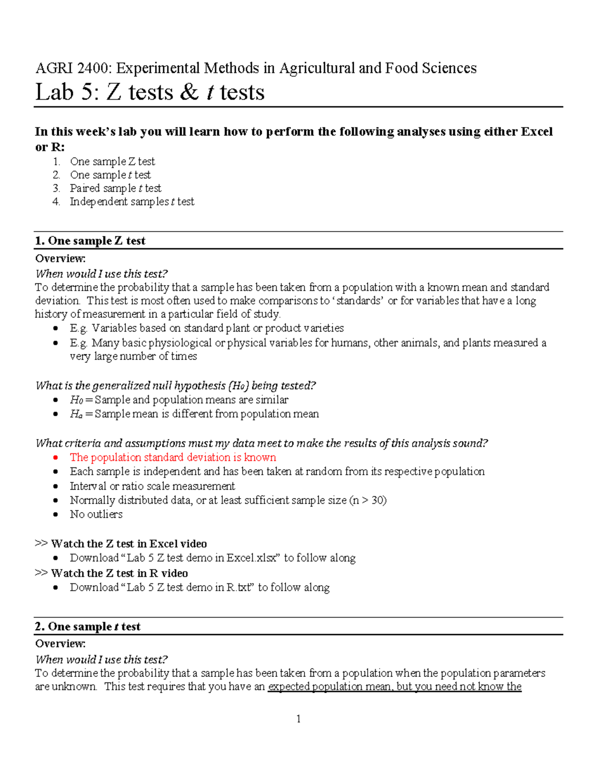 Lab 5 Z and t tests - Lab - AGRI 2400: Experimental Methods in ...