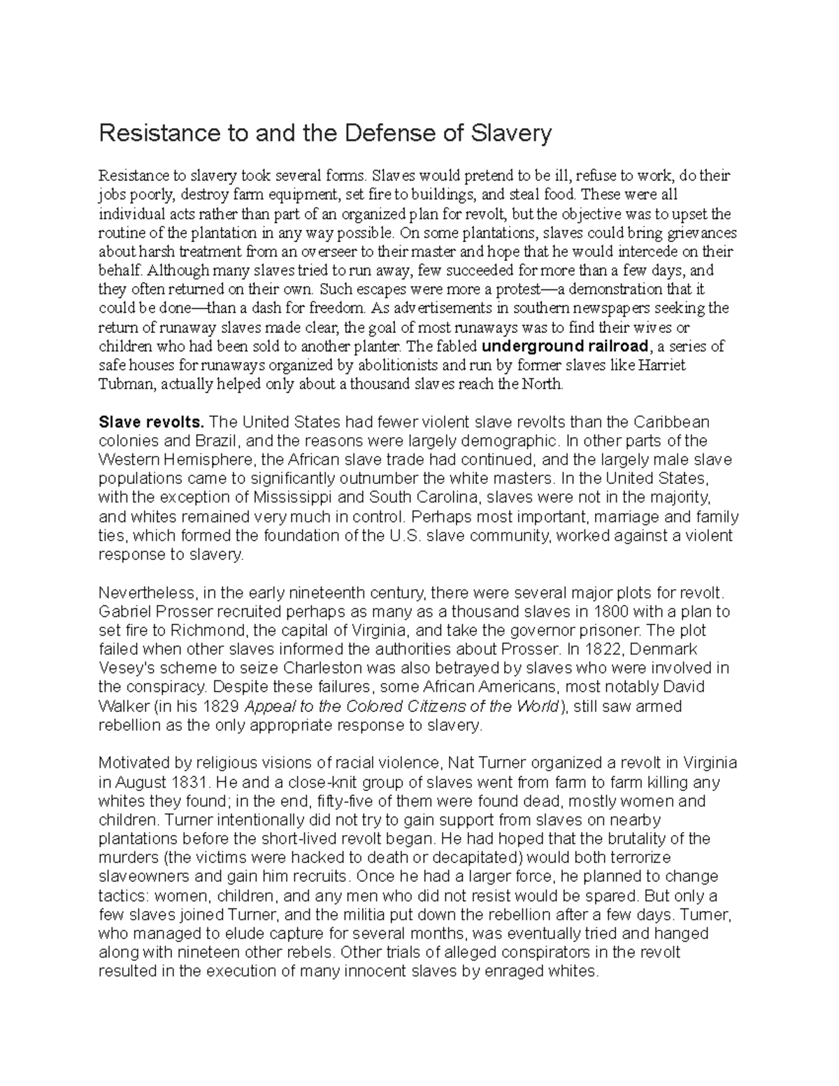 Resistance to and the Defense of Slavery - Resistance to and the ...