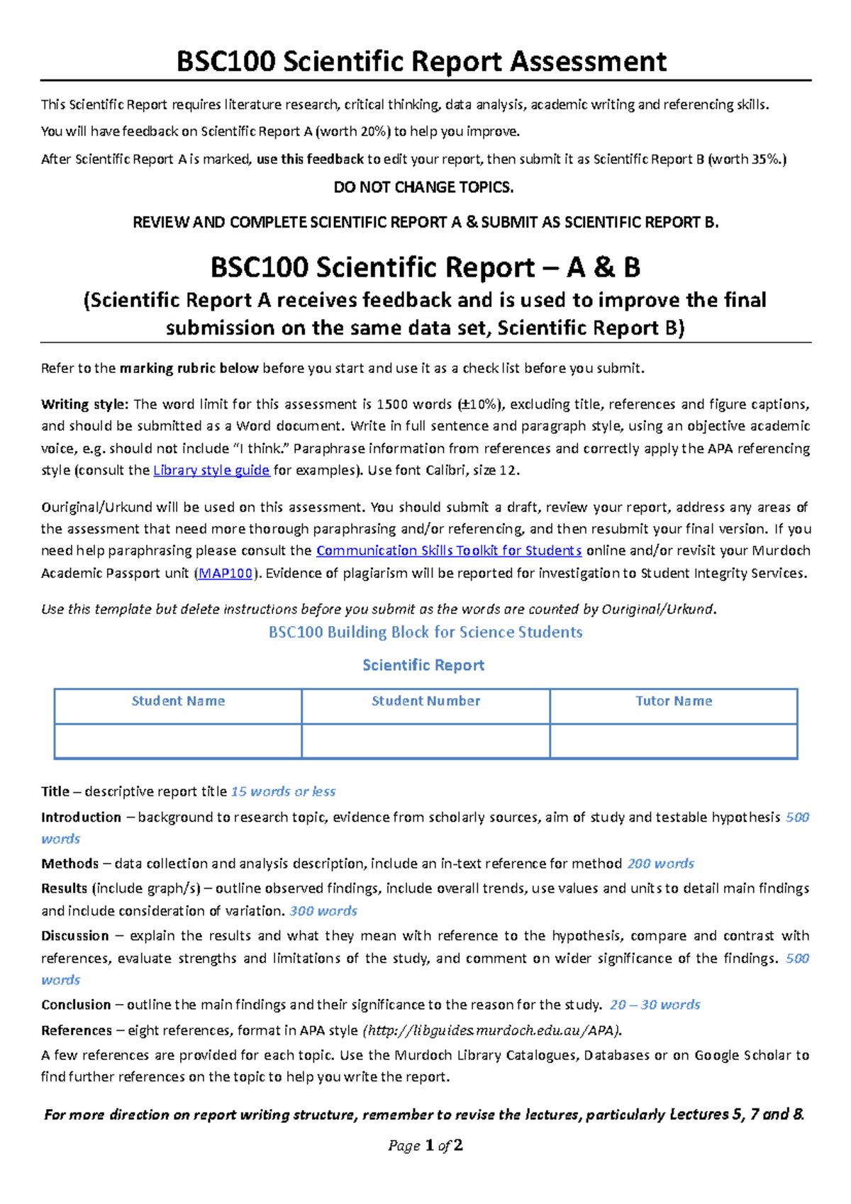 BSC100 2021 S2 Scientific Report Instructions - BSC100 Scientific ...