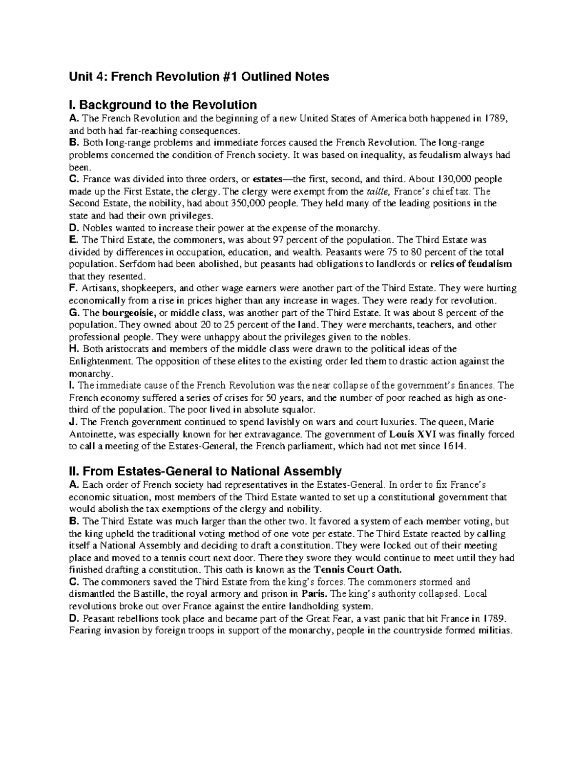 French Revolution Outline Notes 1 - Background to the Revolution A. The ...