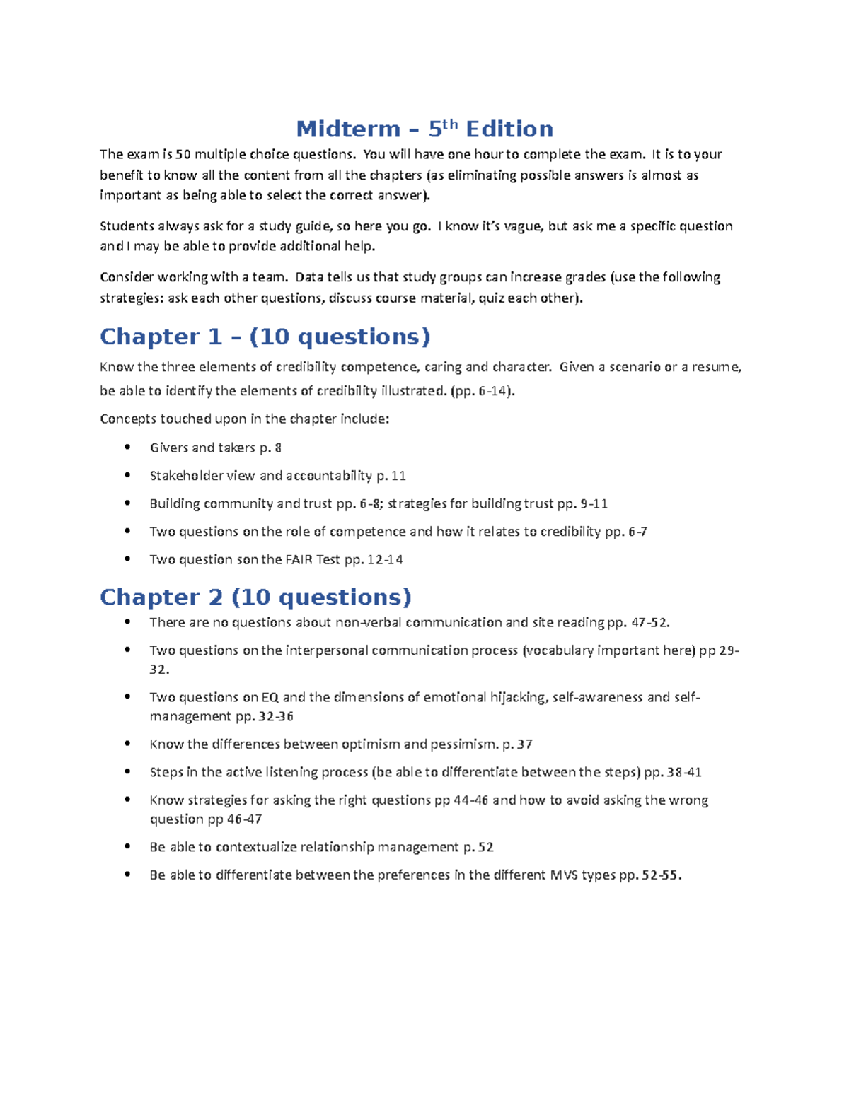 Midterm Study Guide 5th edition - Midterm – 5th Edition The exam is 50 ...