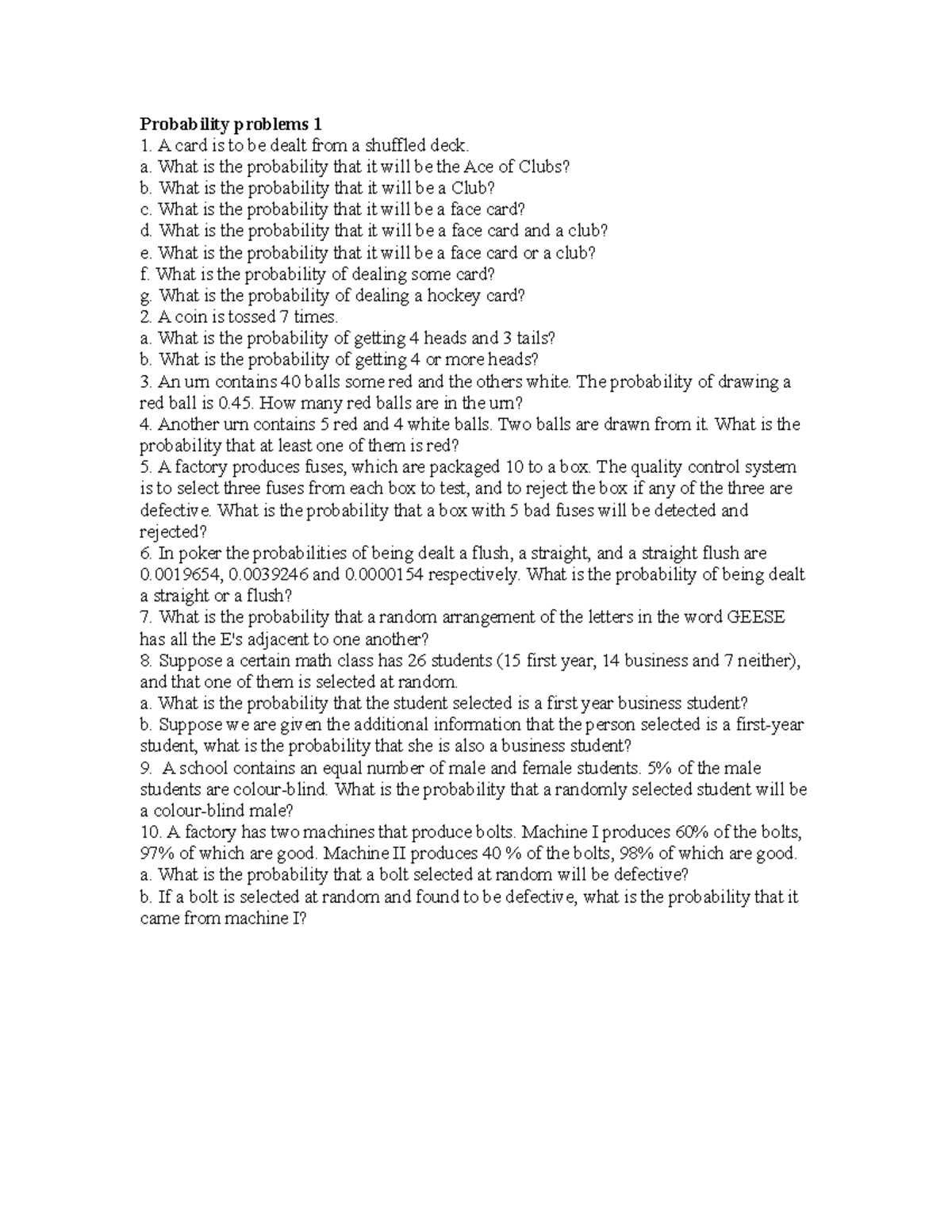 Probability problems for review and practice - Probability problems 1 A ...