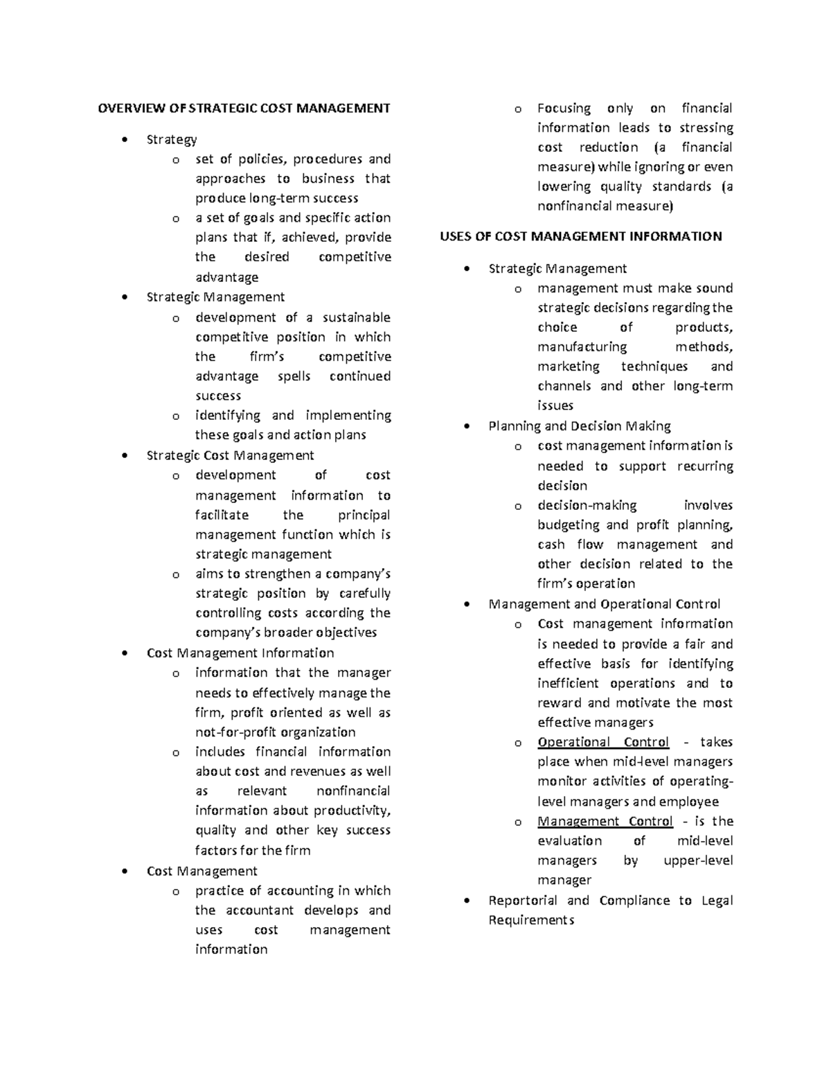 Strat Cost 1 - OVERVIEW OF STRATEGIC COST MANAGEMENT Strategy o set of ...