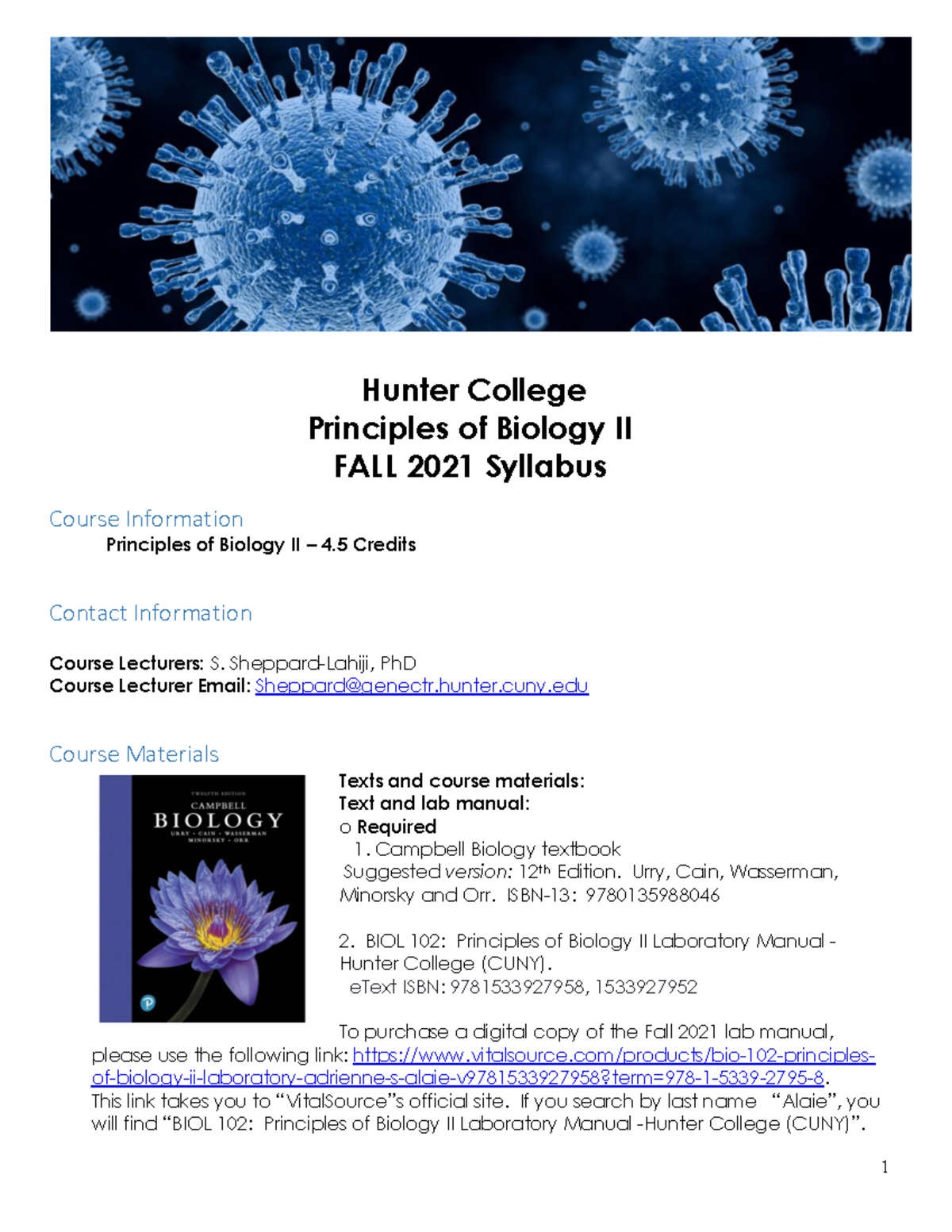 BIOL102 Syllabus FA21 - Hunter College Principles of Biology II FALL ...