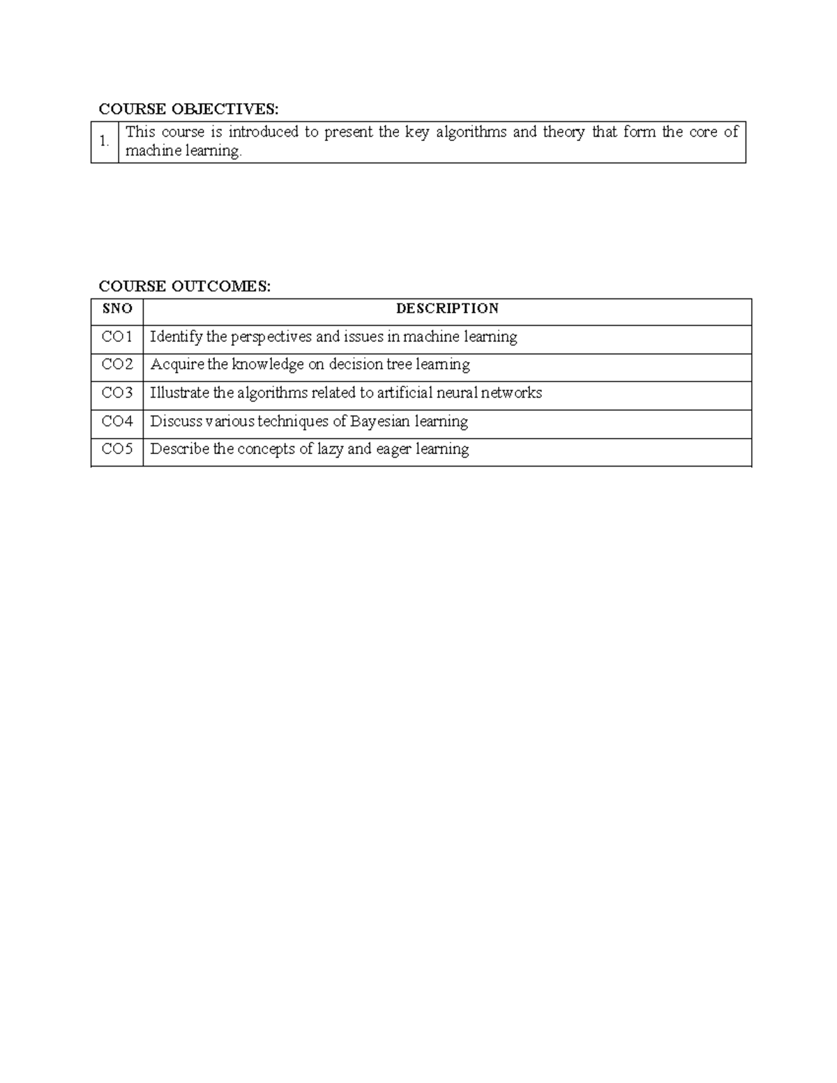 C Obj and outcomes - Machine Learning - COURSE OBJECTIVES: 1. This ...