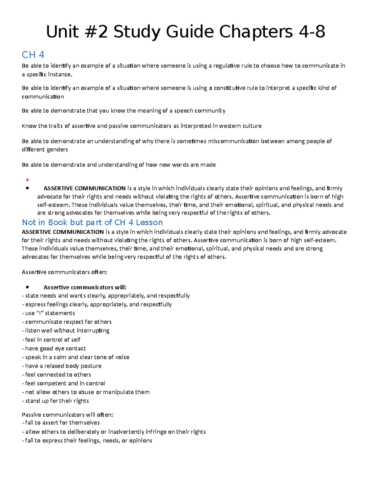 Int Comm Unit #2 Quiz Study Guide Spring 2023 - Unit #2 Study Guide Chapters 4- CH 4 Be able to ...