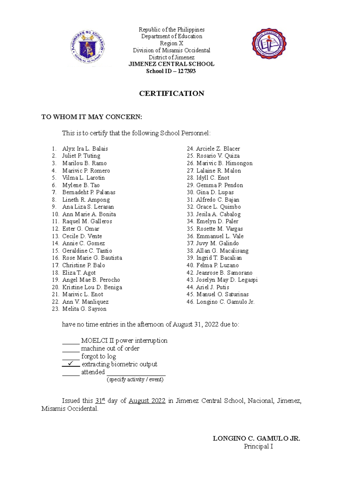 Certification Biometric Output Republic Of The Philippines Department