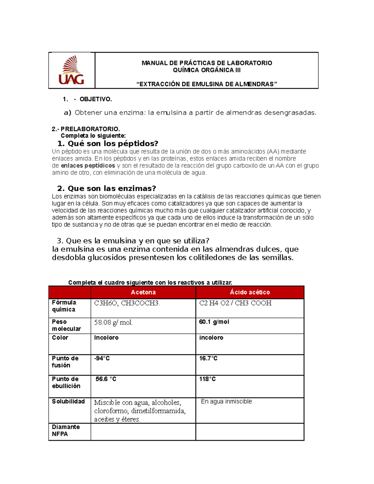 Practicas organica 3. extraccion de emulsina de almendras - MANUAL DE ...