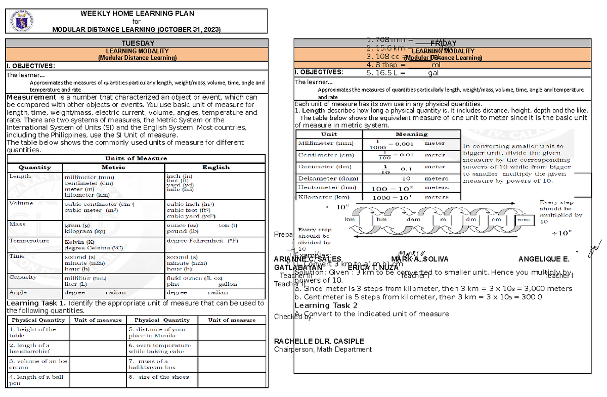 WHLP October 31 NOV 3 - MATH - WEEKLY HOME LEARNING PLAN for MODULAR ...