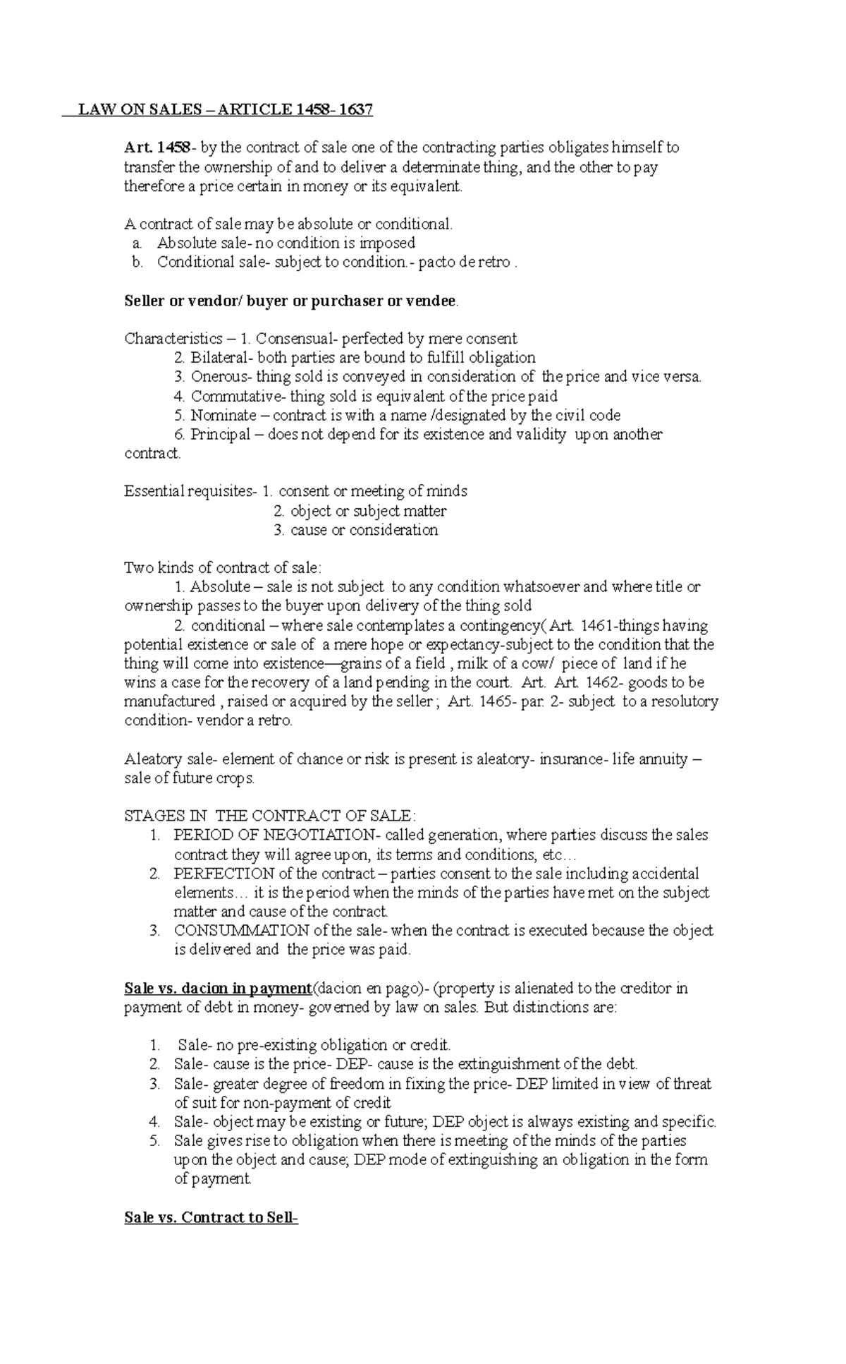 LAW ON Sales - notes - LAW ON SALES – ARTICLE 1458- 1637 Art. 1458 - by ...