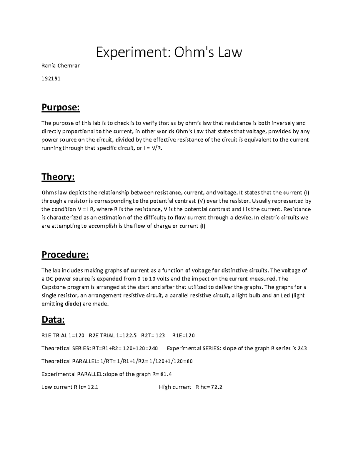 Ohms lab donne - physics lab report - Experiment: Ohm's Law Rania ...