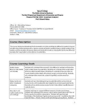 Syllabus FIN4610 EMWA Spring 2024 - One Bernard Baruch Way, New York ...