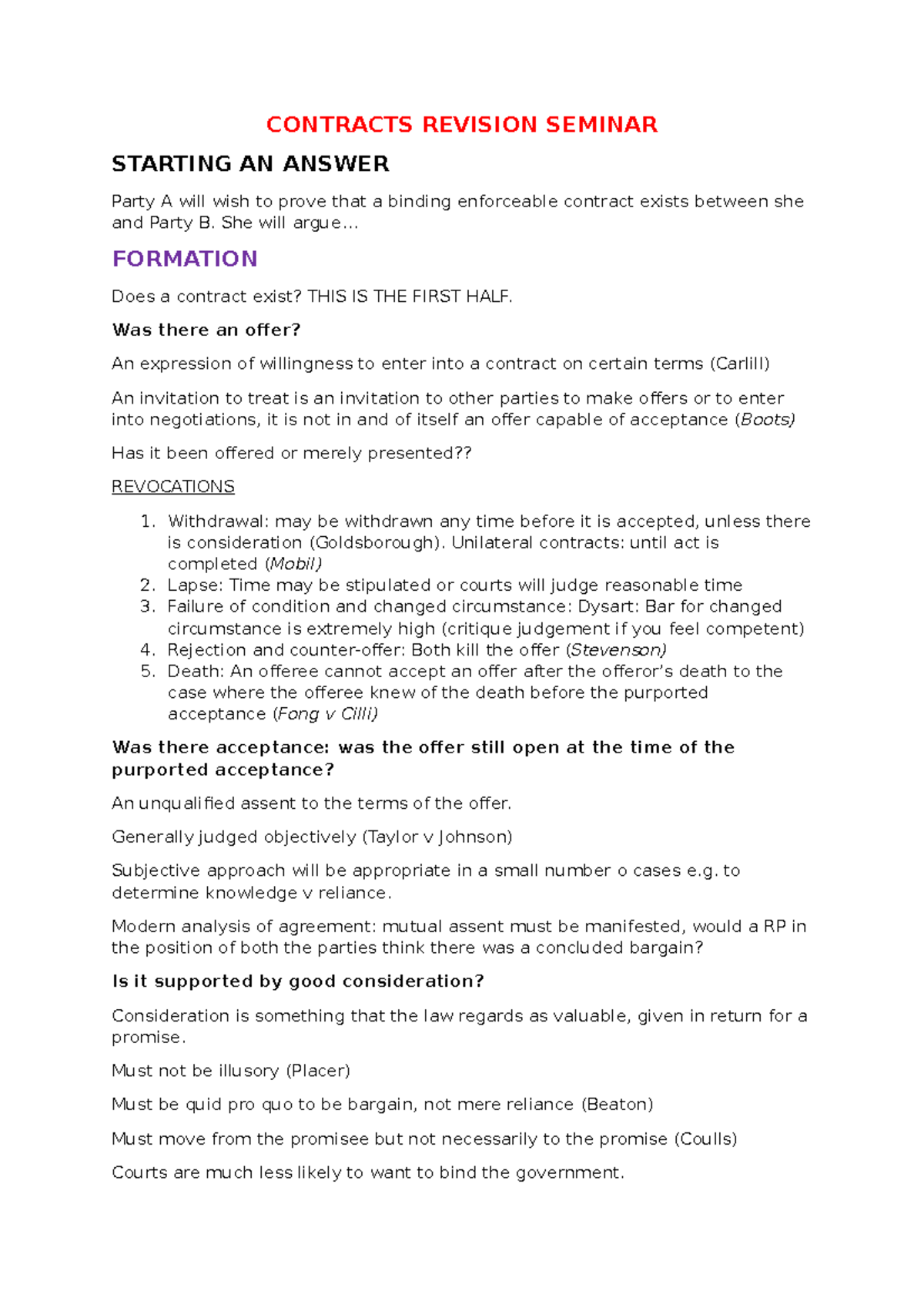 Contracts Revision Seminar - Formation of a Contract - CONTRACTS ...