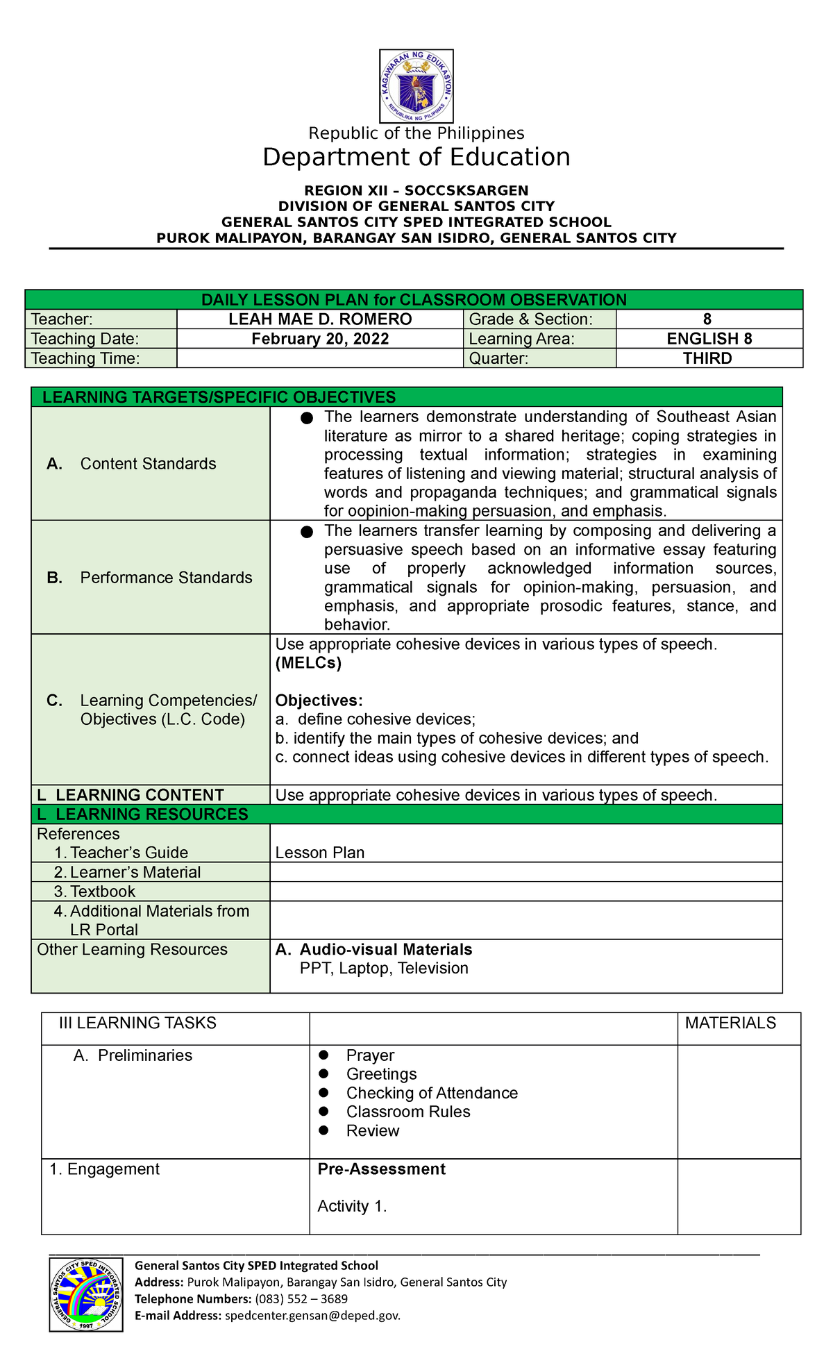 LP- Cohesive- Final - Lesson plan - Department of Education REGION XII ...