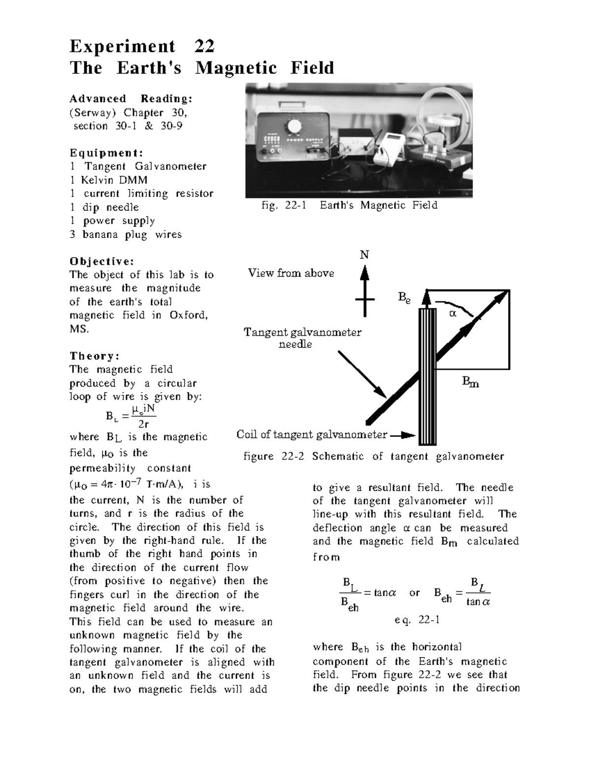 Exp22 Earth Mag Field - lab report - Experiment 22 The Earth's Magnetic ...